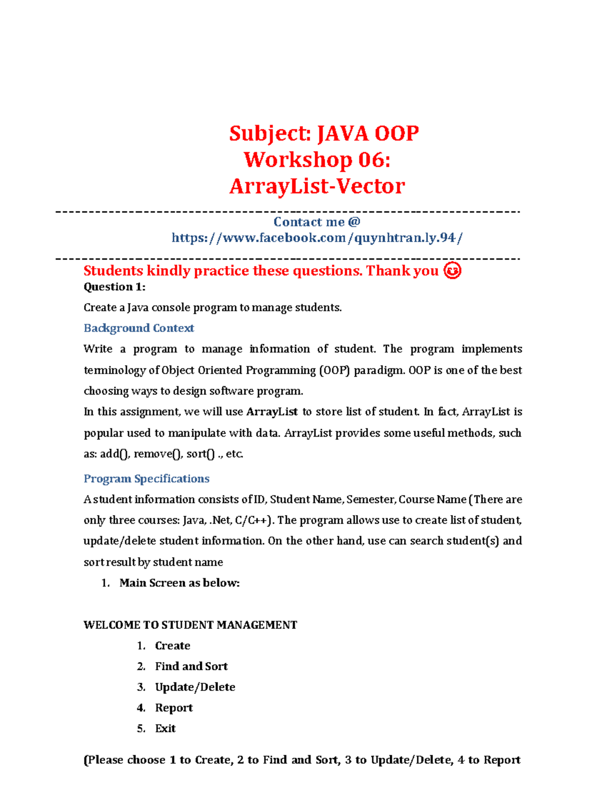 Workshop 06-Array List-Vector-2021- Tran LQ - Subject: JAVA OOP Workshop 06 : ArrayList-Vector ...