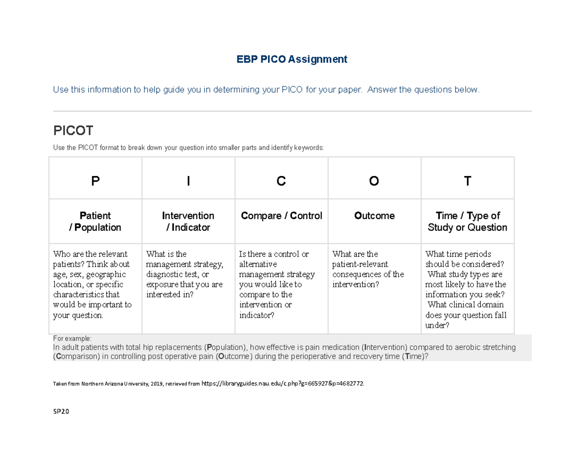 Ebp Pico Assignment Sp20 Ebp Pico Assignment Use This Information To