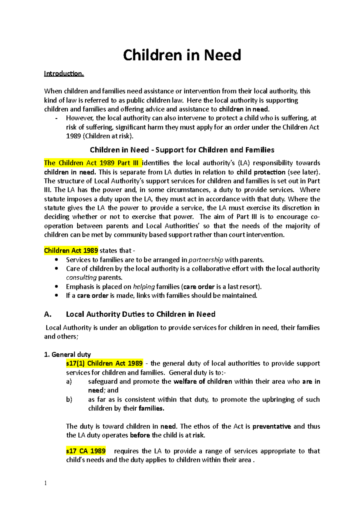Children in need - Lecture notes 1-4 - Children in Need Introduction ...