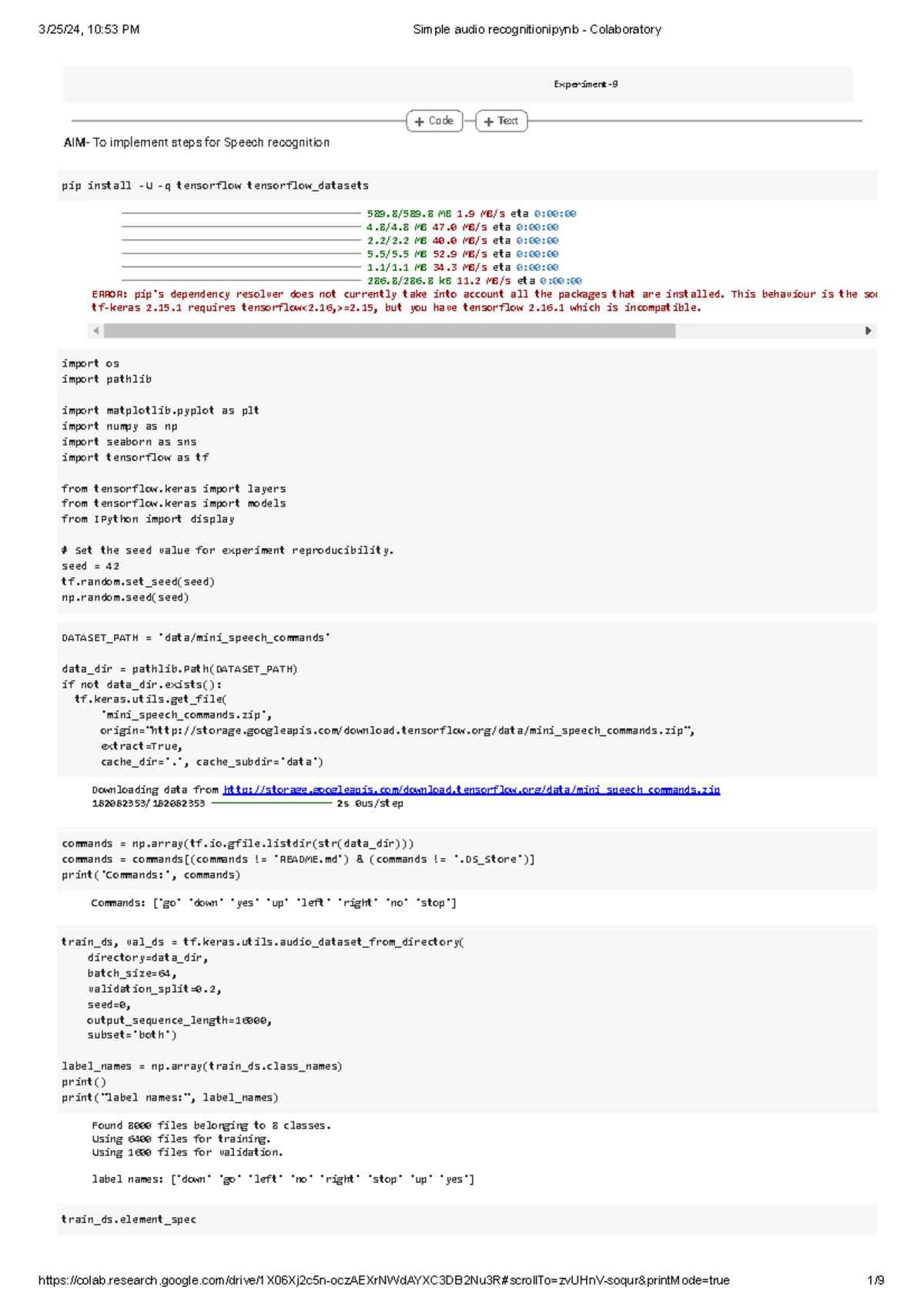Exp 9- Simple audio recognitionipynb - Experiment- AIM- To implement steps for Speech ...