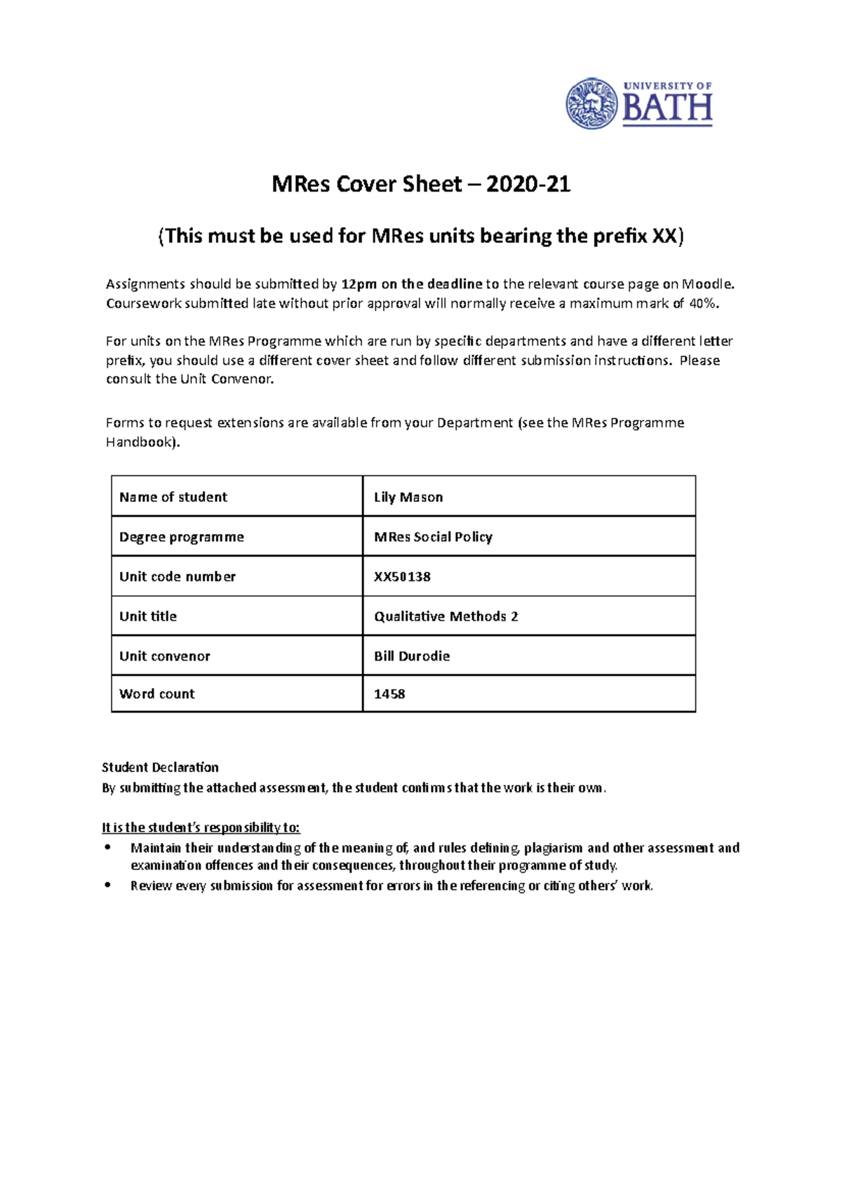 Individual assessment - MRes Cover Sheet – 2020- (This must be used for ...