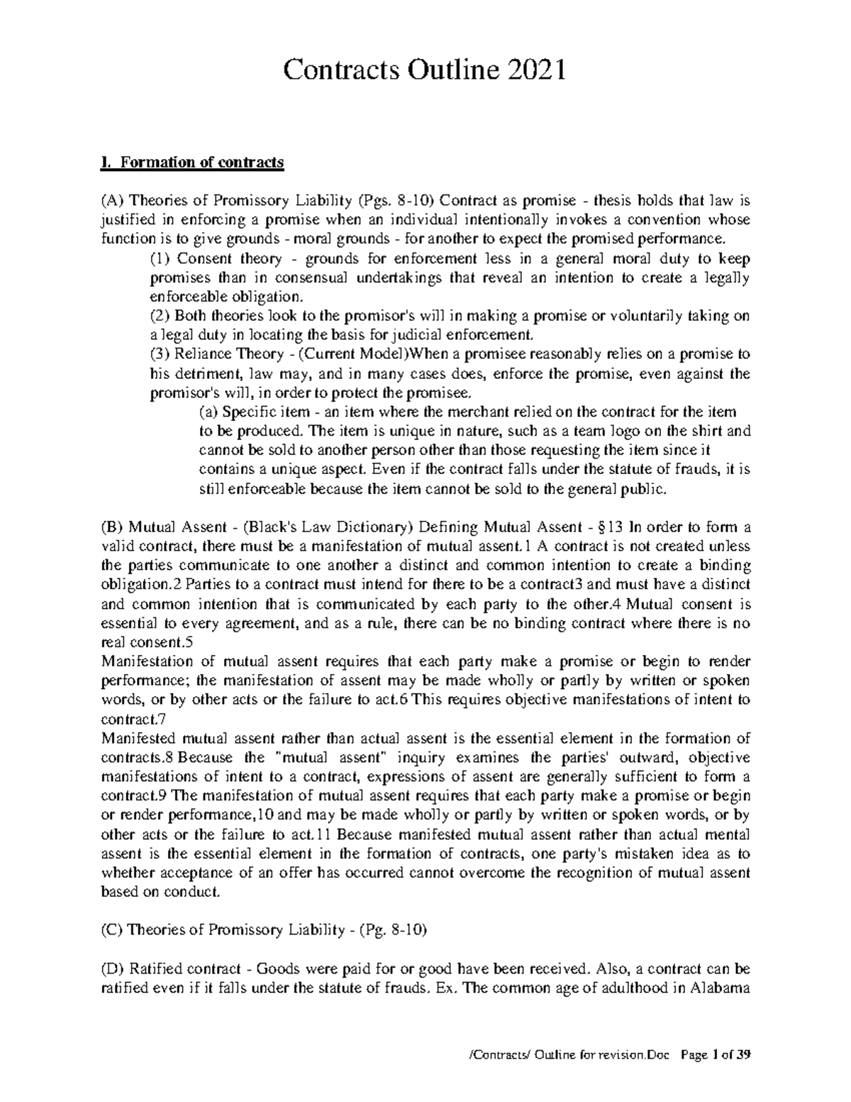 Contracts Outline - I. Formation of contracts (A) Theories of ...