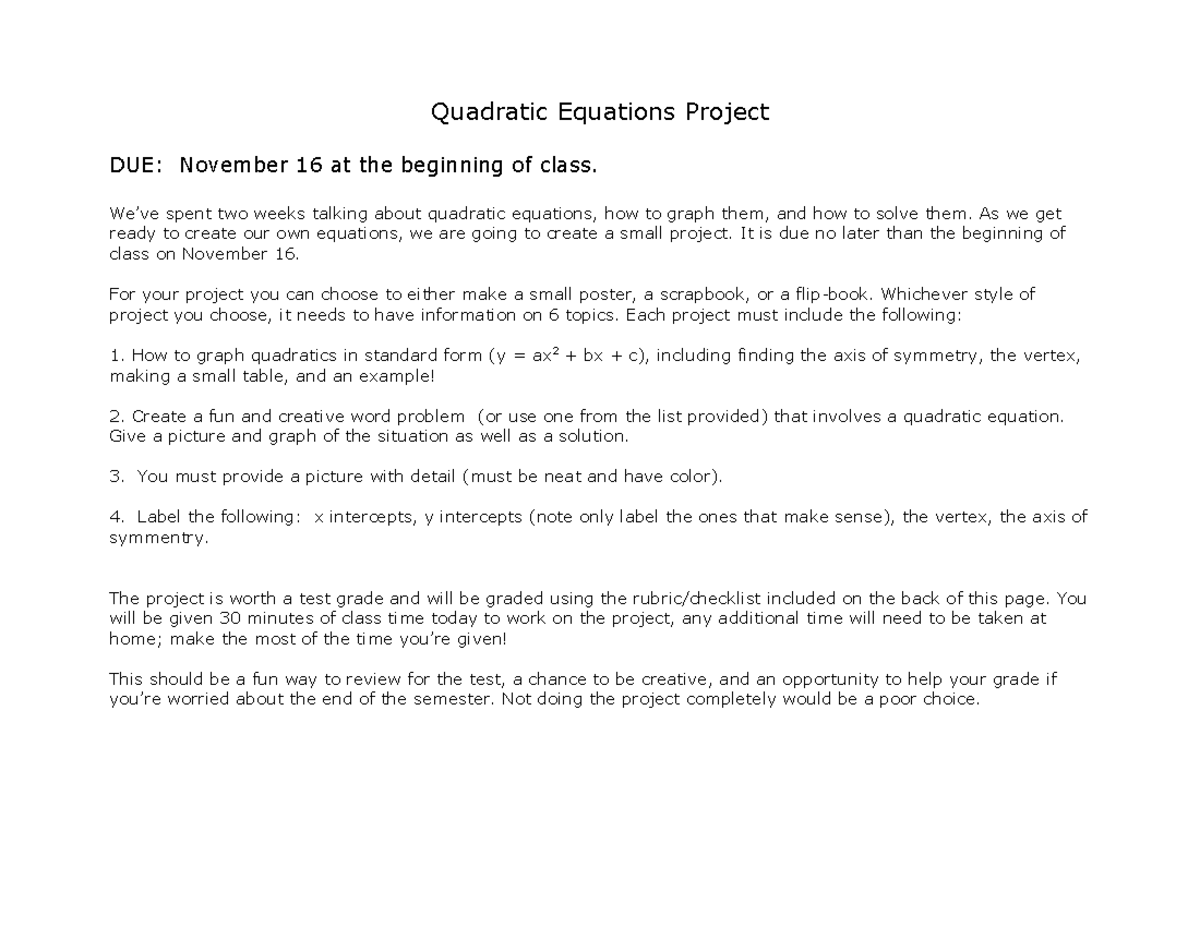 3 quadratic equations project rubric - Quadratic Equations Project DUE ...