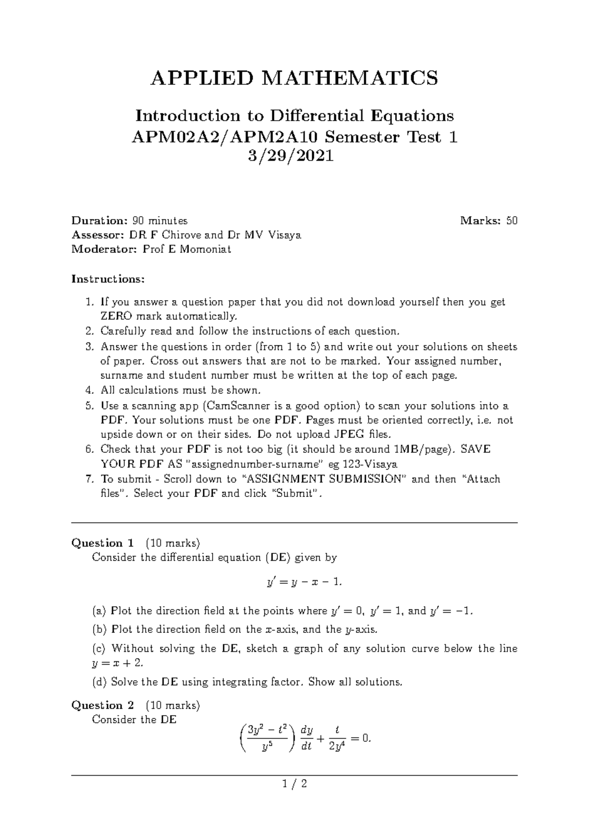 2021 test 1 for practice - APPLIED MATHEMATICS Introduction to ...