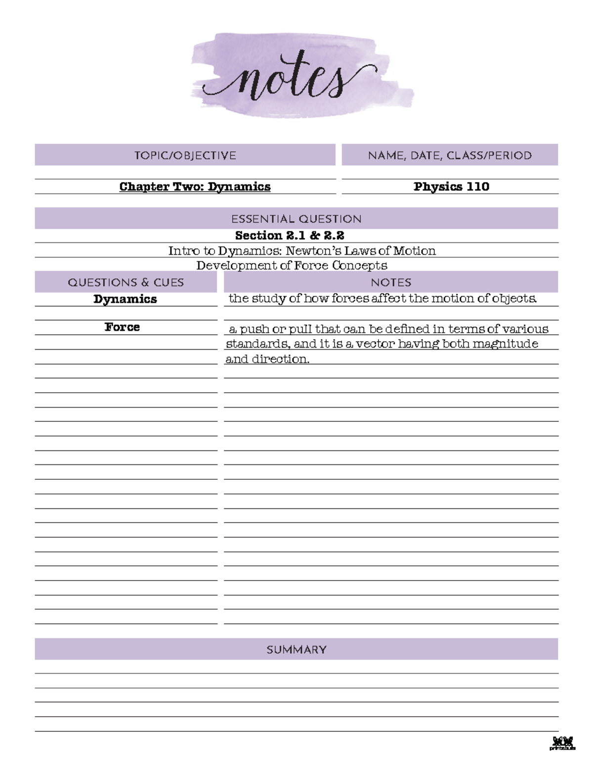 Physics Notes- Chapter 2 Dynamics - !ote" SUMMARY TOPIC/OBJECTIVE ...