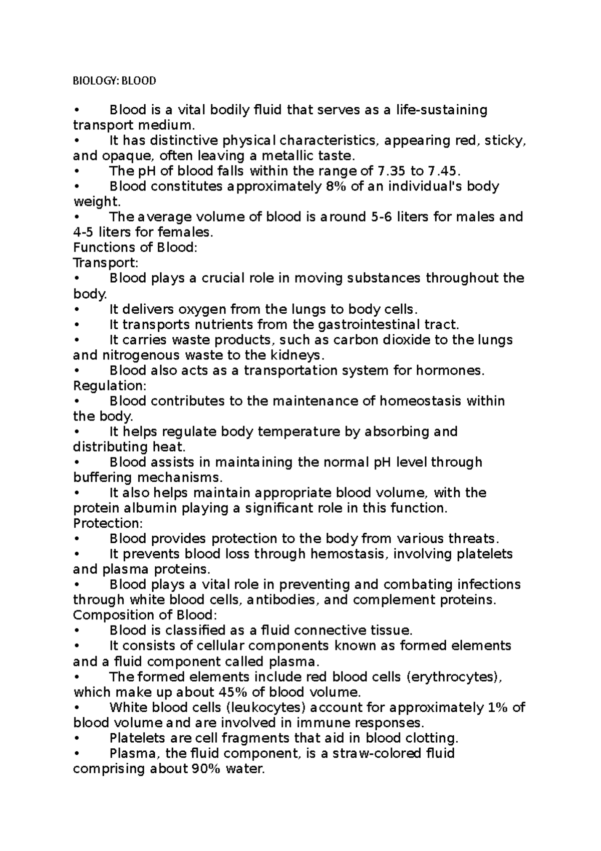Blood; summary - simplified notes - BIOLOGY: BLOOD Blood is a vital ...