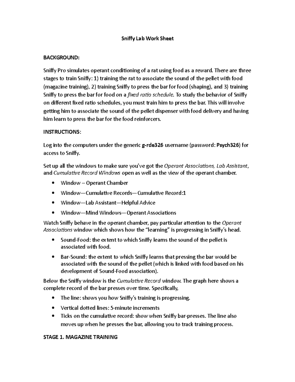 Sniffy Worksheet Answers - Sniffy Lab Work Sheet BACKGROUND: Sniffy Pro ...