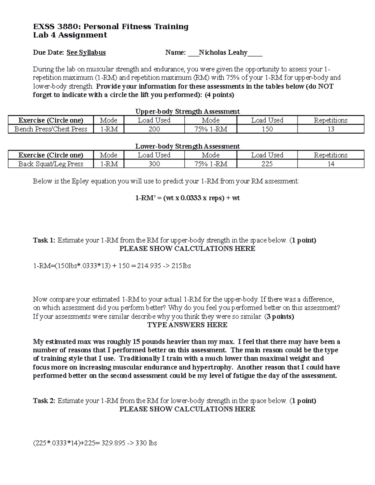 Lab 4 - Exss3881Nick - Notes for class - EXSS 3880: Personal Fitness ...