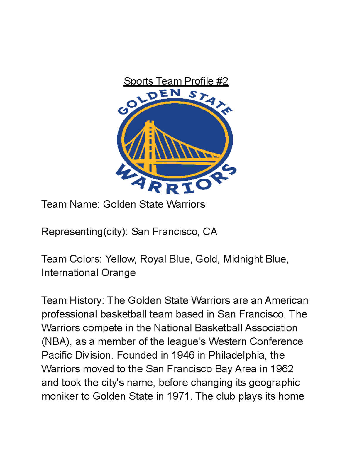 - Sports Team Profile #2 - Sports Team Profile # Team Name: Golden ...