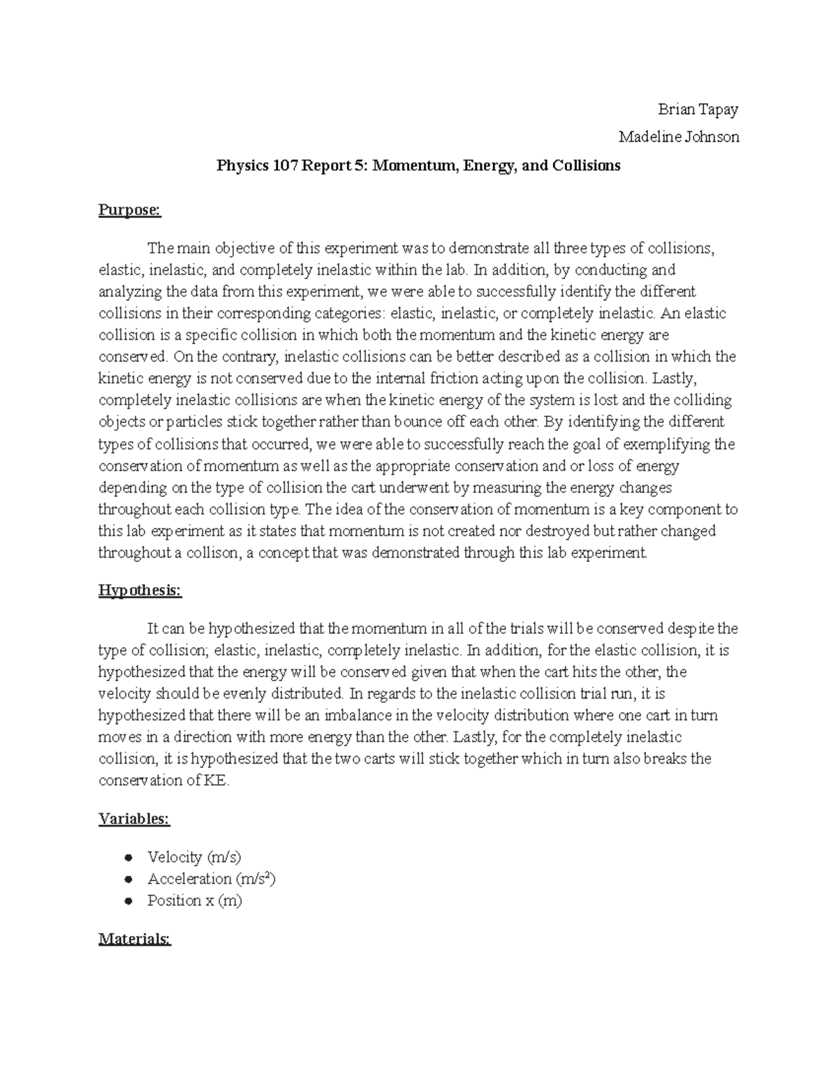Report 5 Momentum - PHYS 107 - Chapman - Studocu