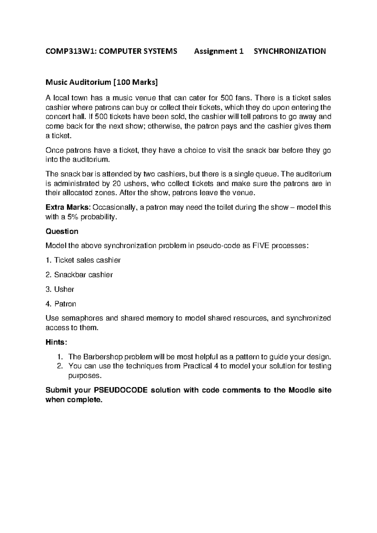 COMP313 W1 Assignment 1 - COMP313W1: COMPUTER SYSTEMS Assignment 1 SYNCHRONIZATION Music ...