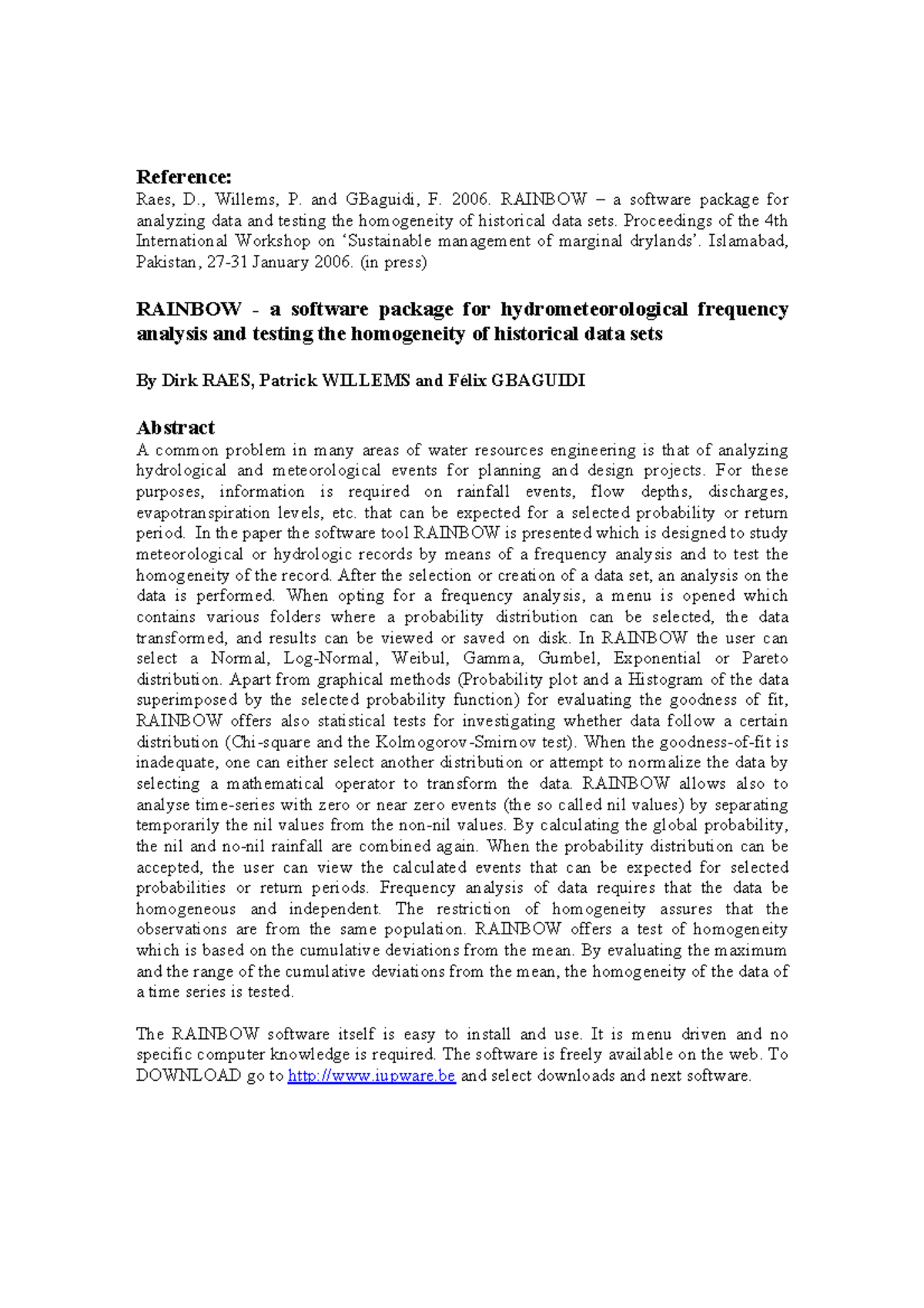 Rainbow manual - Reference: Raes, D., Willems, P. and GBaguidi, F. 2006 ...