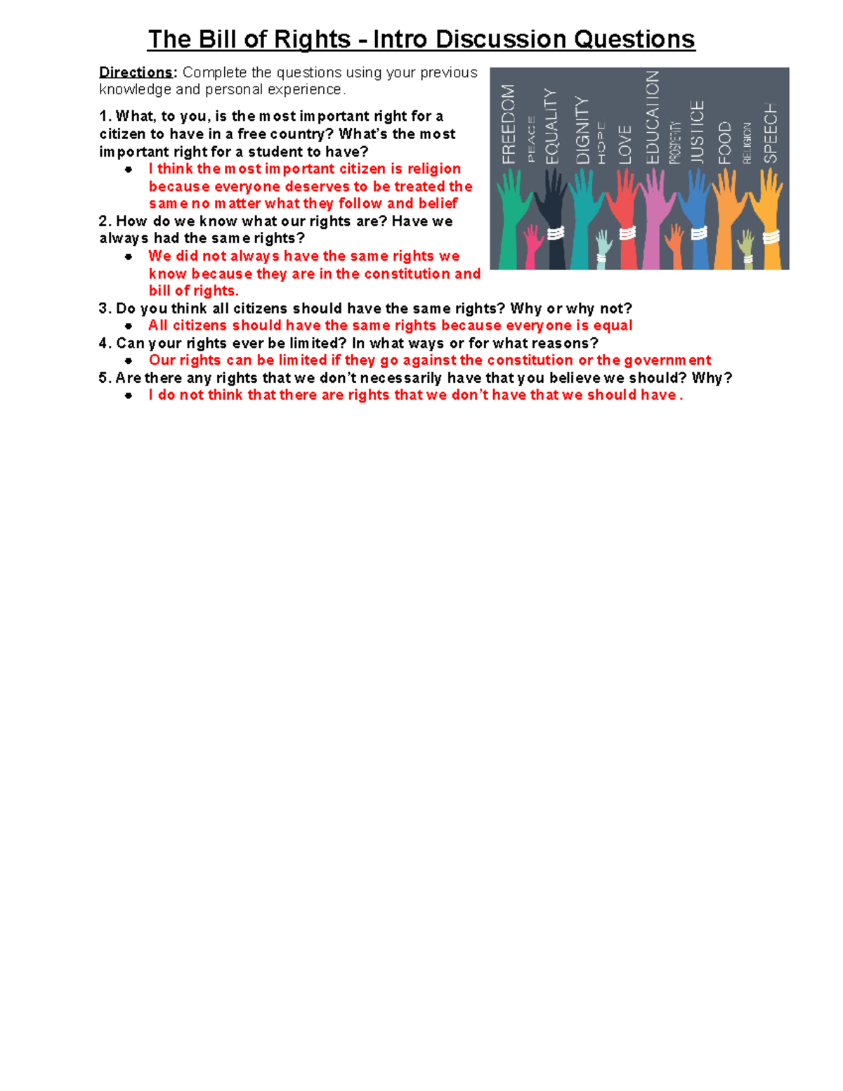 112321 Warm-Up - The Bill of Rights - Intro Discussion Que - 10289655 ...