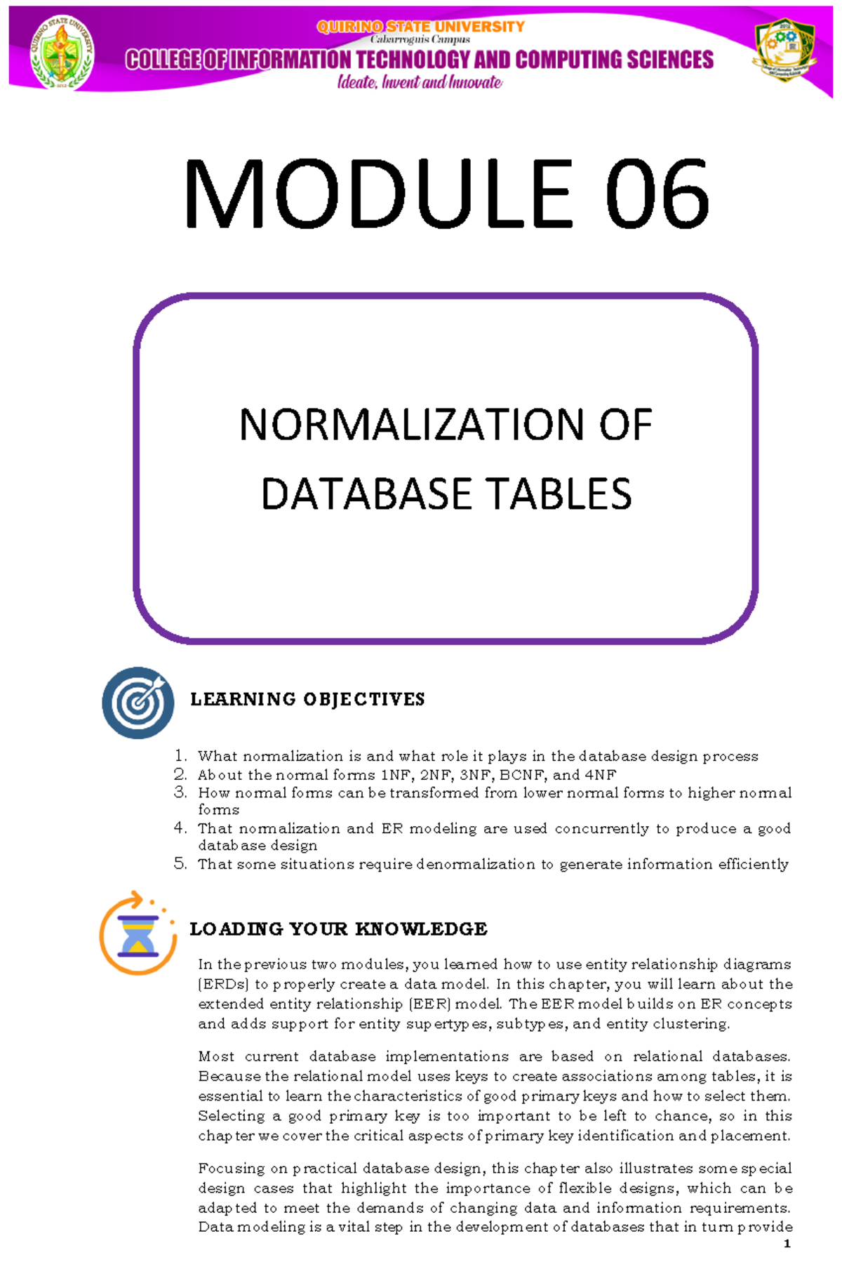 CS-58-INFO-MGT-Lecture-06 - MODULE 06 LEARNING OBJECTIVES 1. What normalization is and what role ...
