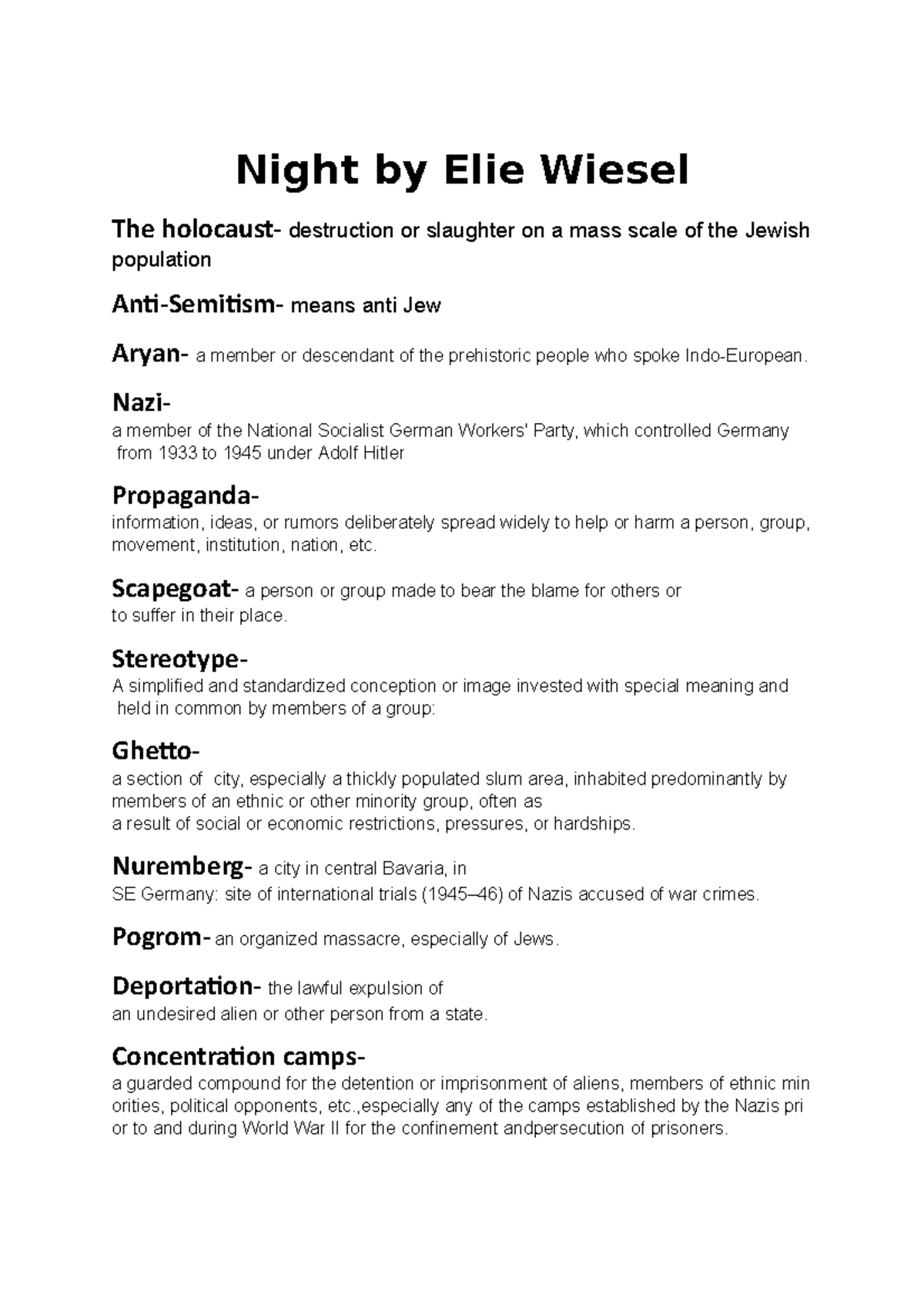 Night by Elie Wiesel - Nazi- a member of the National Socialist German ...