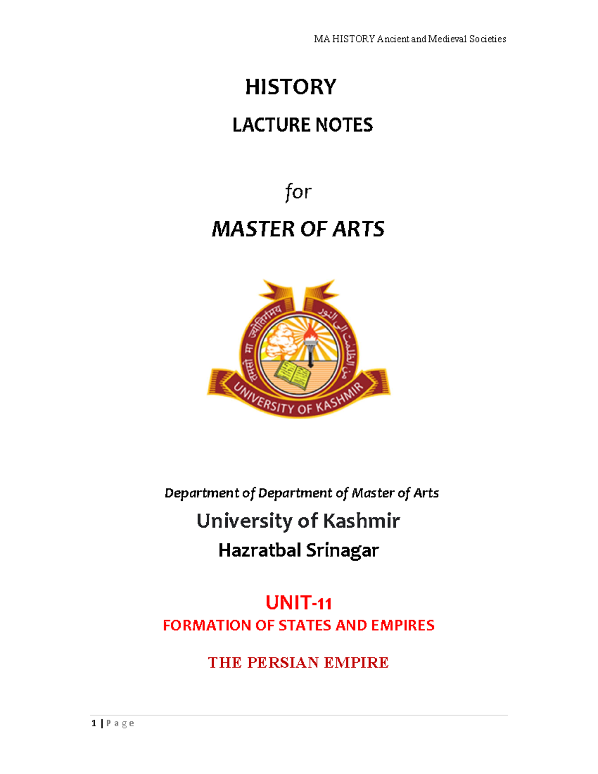 MA History UNIT 11 Formation OF States AND Empires THE Persian Empire ...