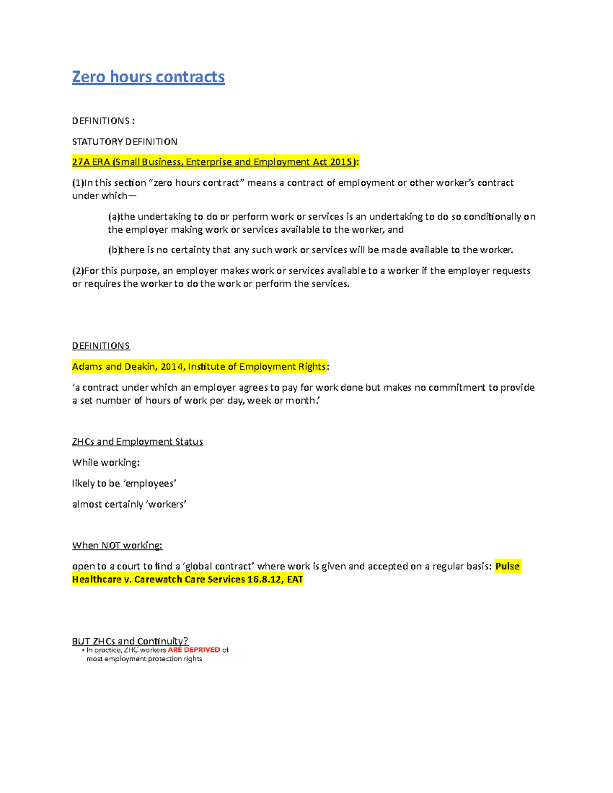 Zero hour contracts - Zero hours contracts DEFINITIONS : STATUTORY ...