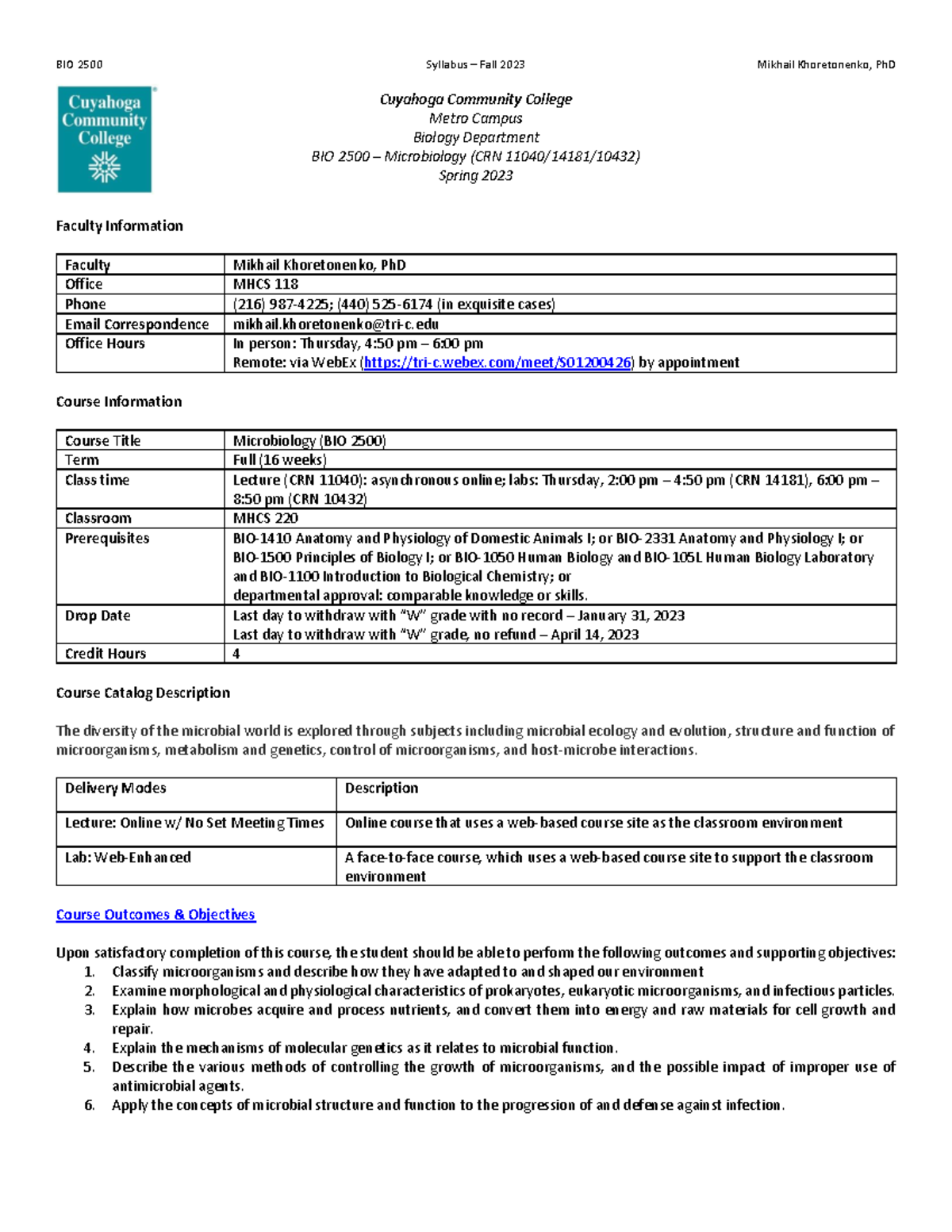 BIO2500.Syllabus.Mikhail Khoretonenko.Spring 2023 - Faculty Information ...