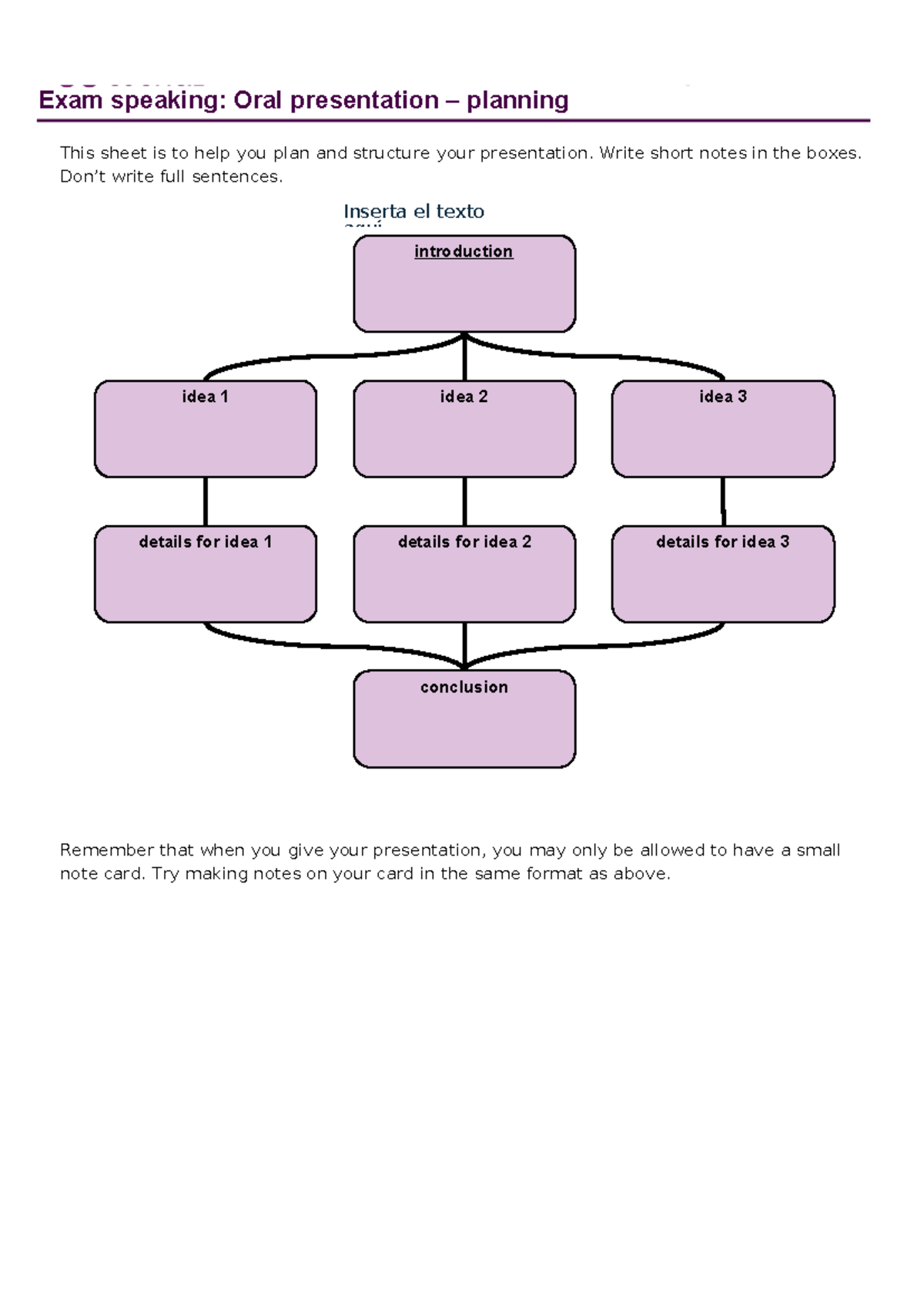 Oral presentation planning sheet - introduction idea 1 idea 2 idea 3 details for idea 1 details ...
