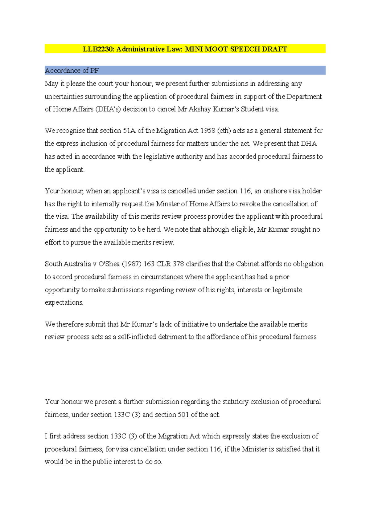 LLB2230- Administrative Law- Draft MINI MOOT Speech - LLB2230 ...