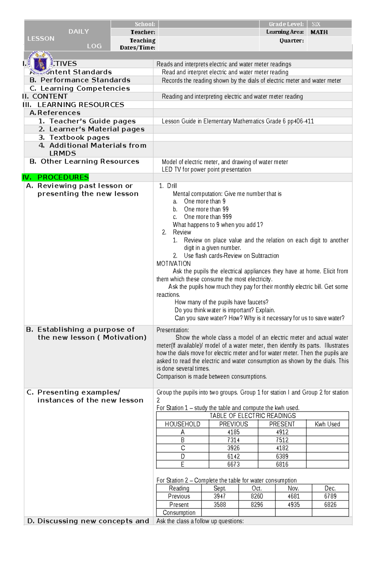 MATH-6-COT - DLL FOR COT MATH 6 Q3 - I. OBJECTIVES Reads and interprets ...