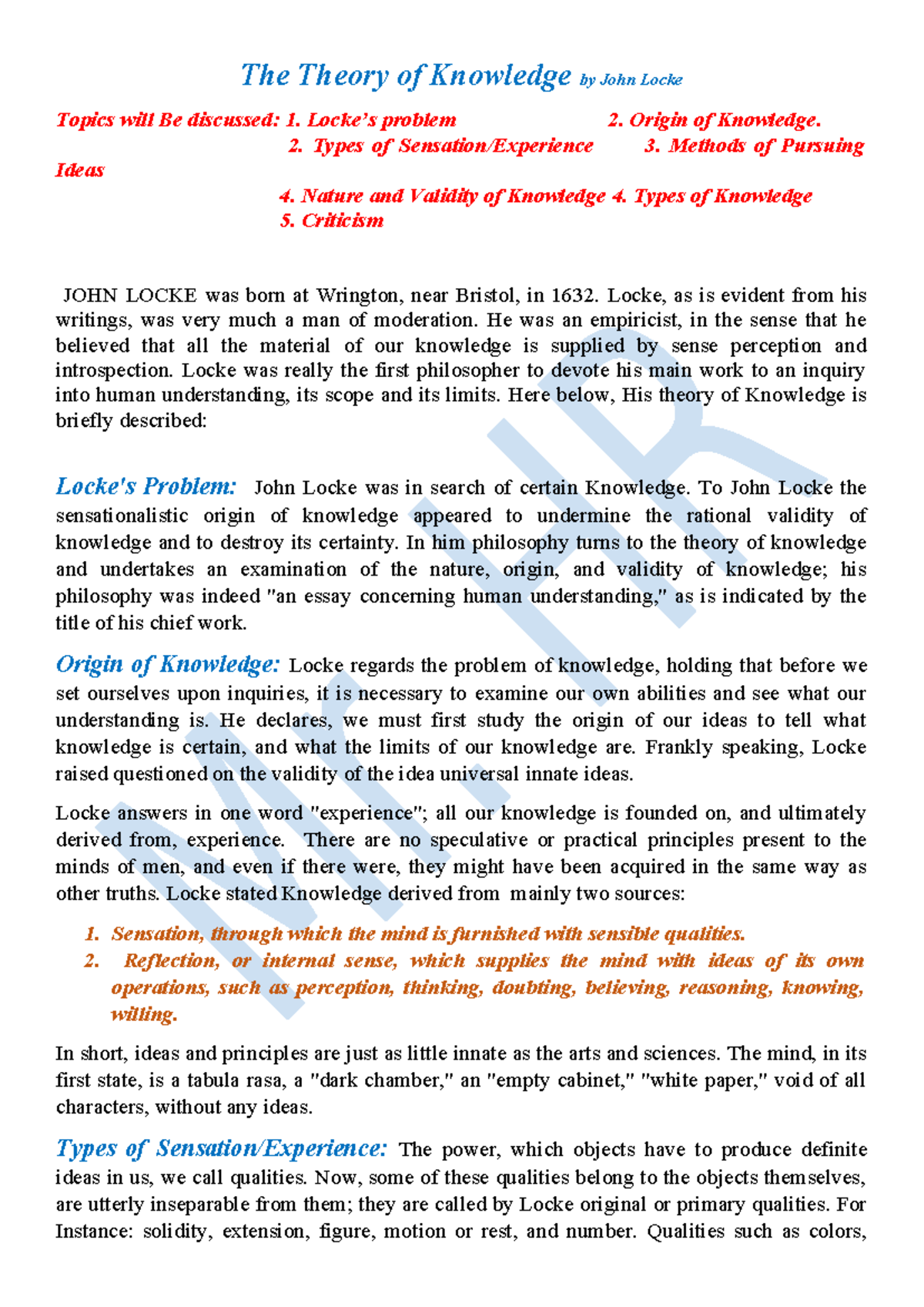 Locke's Theory of Knowledge. - The Theory of Knowledge by John Locke ...