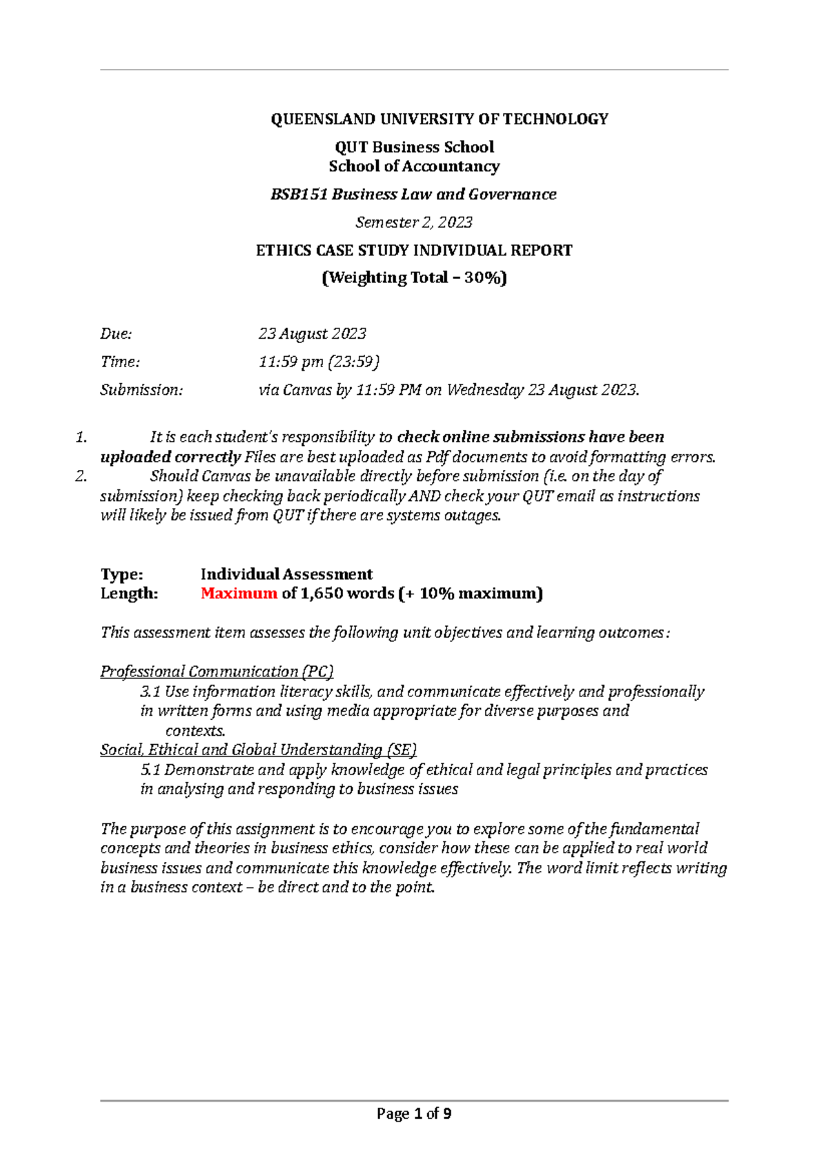 BSB151 ECS CRA v1 Task Sheet - QUEENSLAND UNIVERSITY OF TECHNOLOGY QUT ...