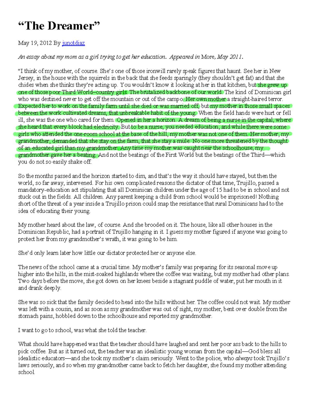 Diaz The Dreamer - Reading Material - “The Dreamer” May 19, 2012 By ...