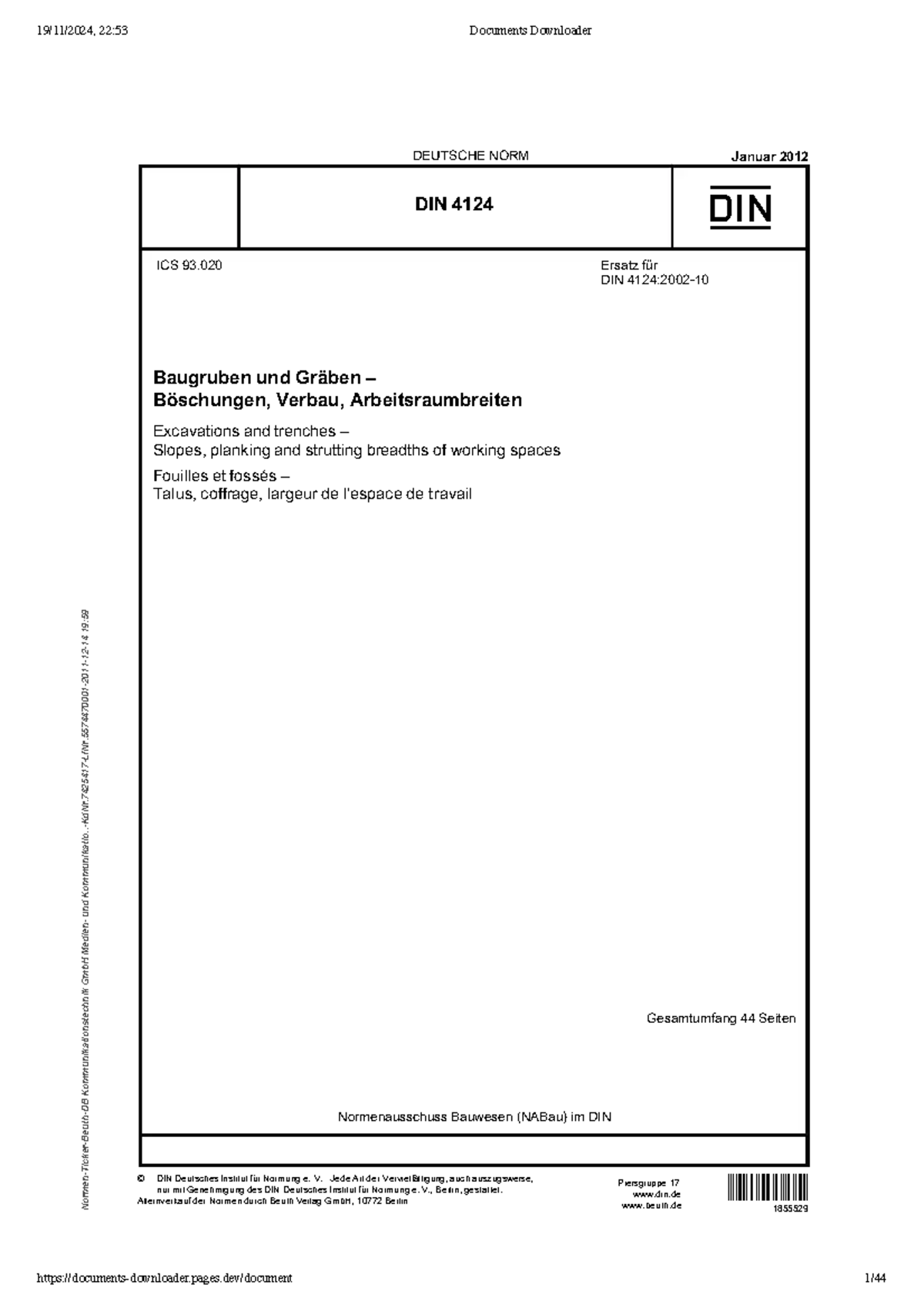 DIN 4124 - 01 - xyz - DEUTSCHE NORM Januar 2012 Normenausschuss Bauwesen (NABau) im DIN DIN ...