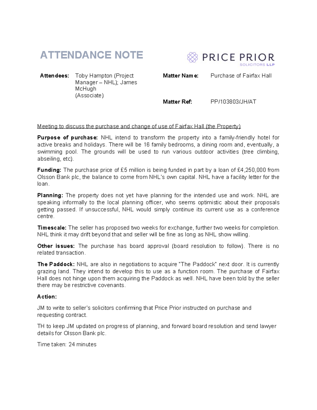 Exemplar attendance note - ATTENDANCE NOTE Attendees: Toby Hampton ...