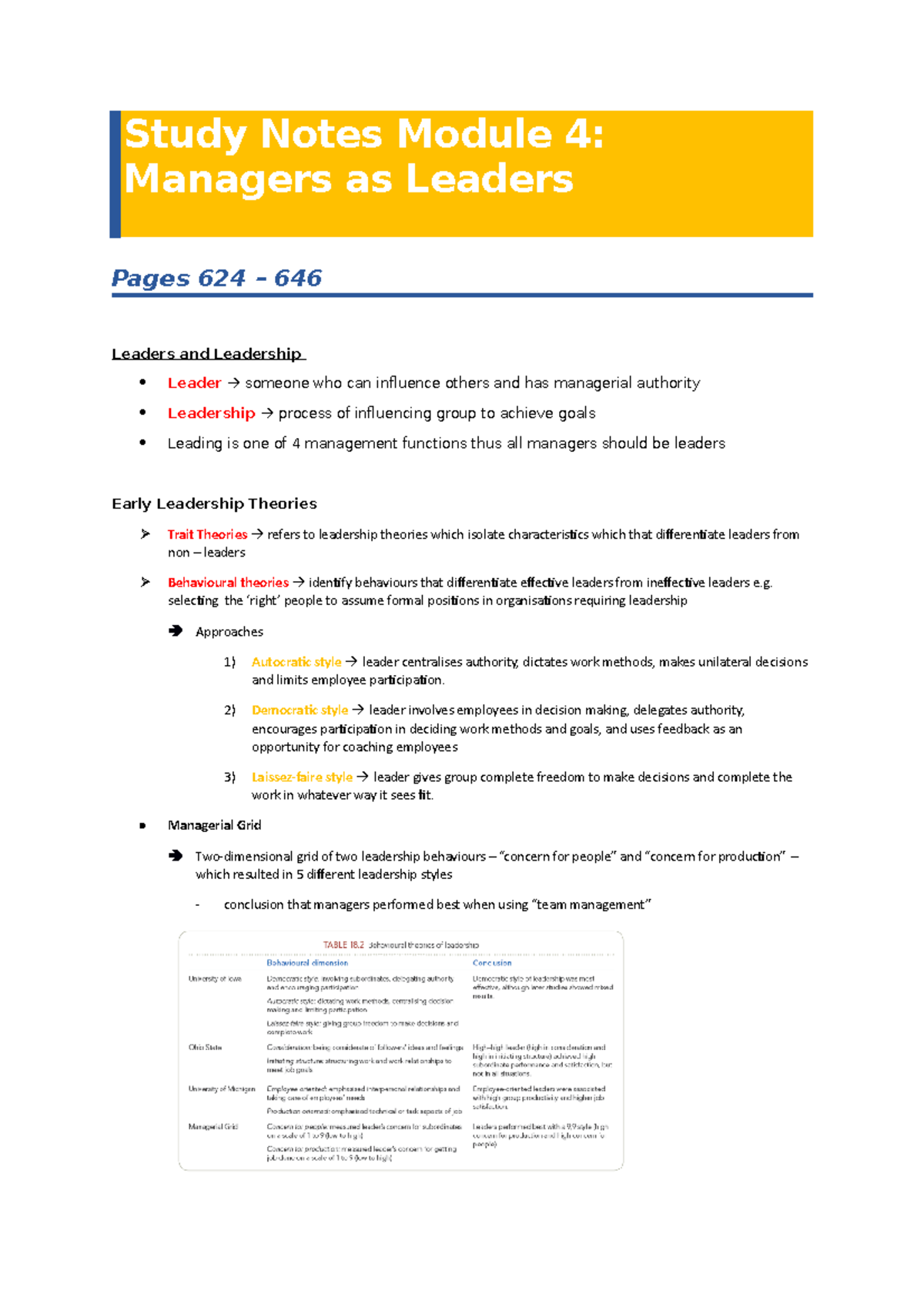 Study Notes Module 4 - Mangers as Leaders - Study Notes Module 4 ...