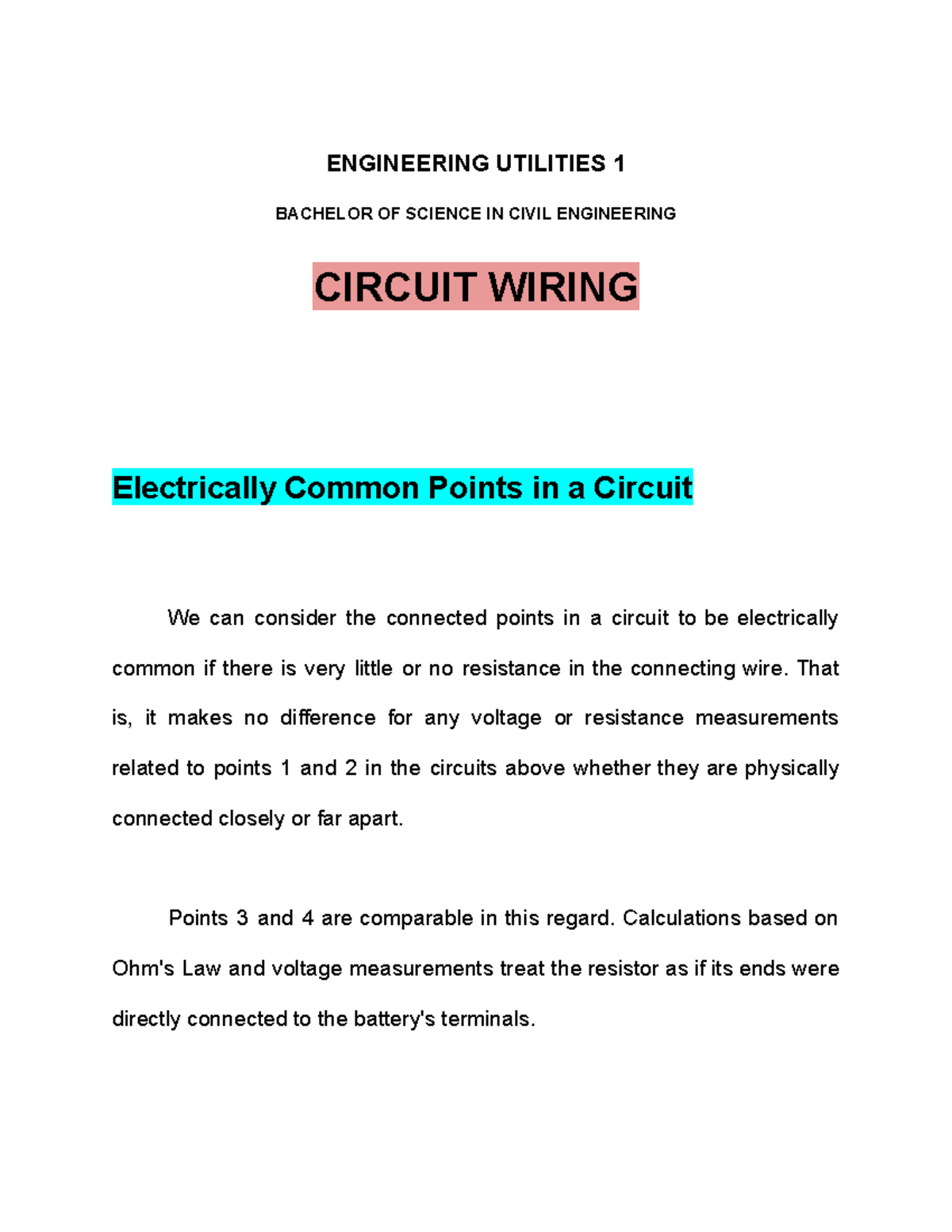 Circuit Wiring - Engineering Utilities 1 - ENGINEERING UTILITIES 1 BACHELOR OF SCIENCE IN CIVIL ...