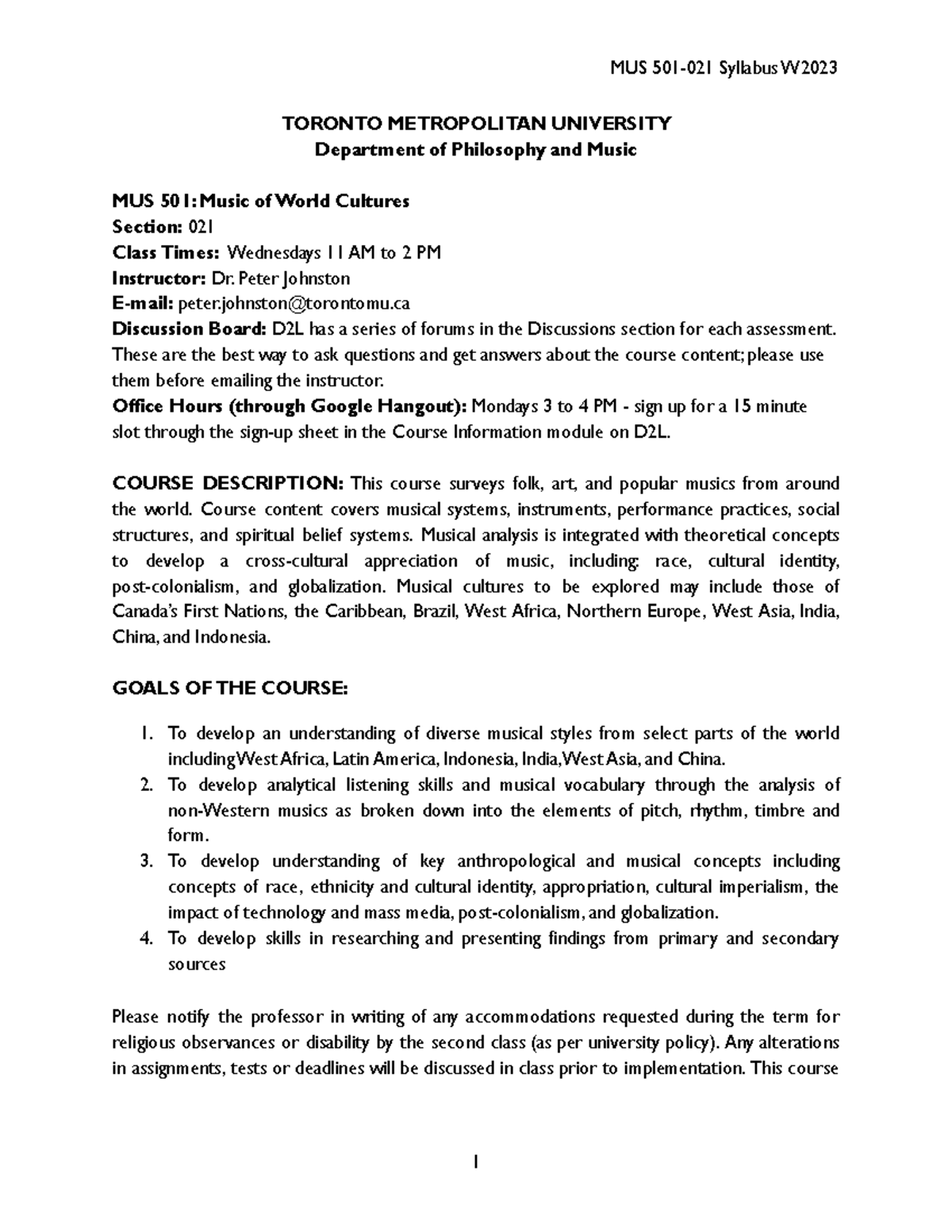 MUS 501-021 Syllabus W2023 - TORONTO METROPOLITAN UNIVERSITY Department ...