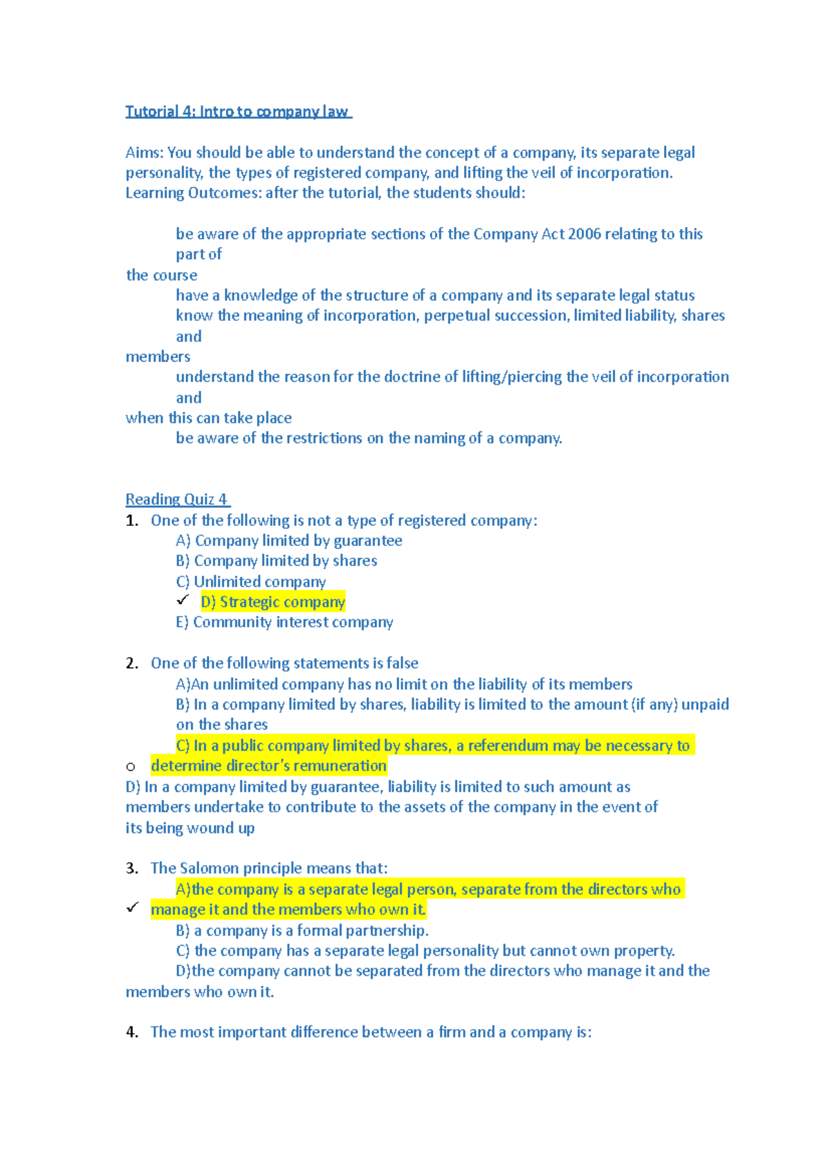 Tutorial 4 Law Company Law - Tutorial 4: Intro to company law Aims: You ...