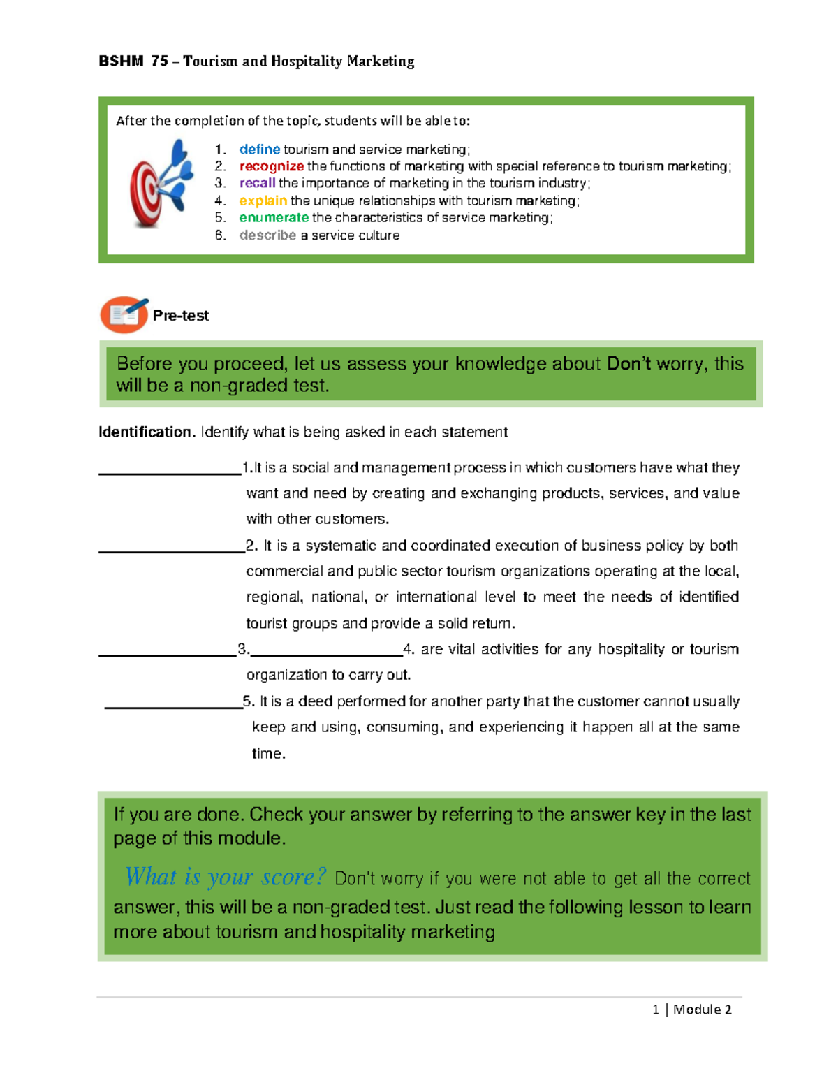 BSHM 75 Module 2 Understanding Tourism AND Service Marketing - Before ...