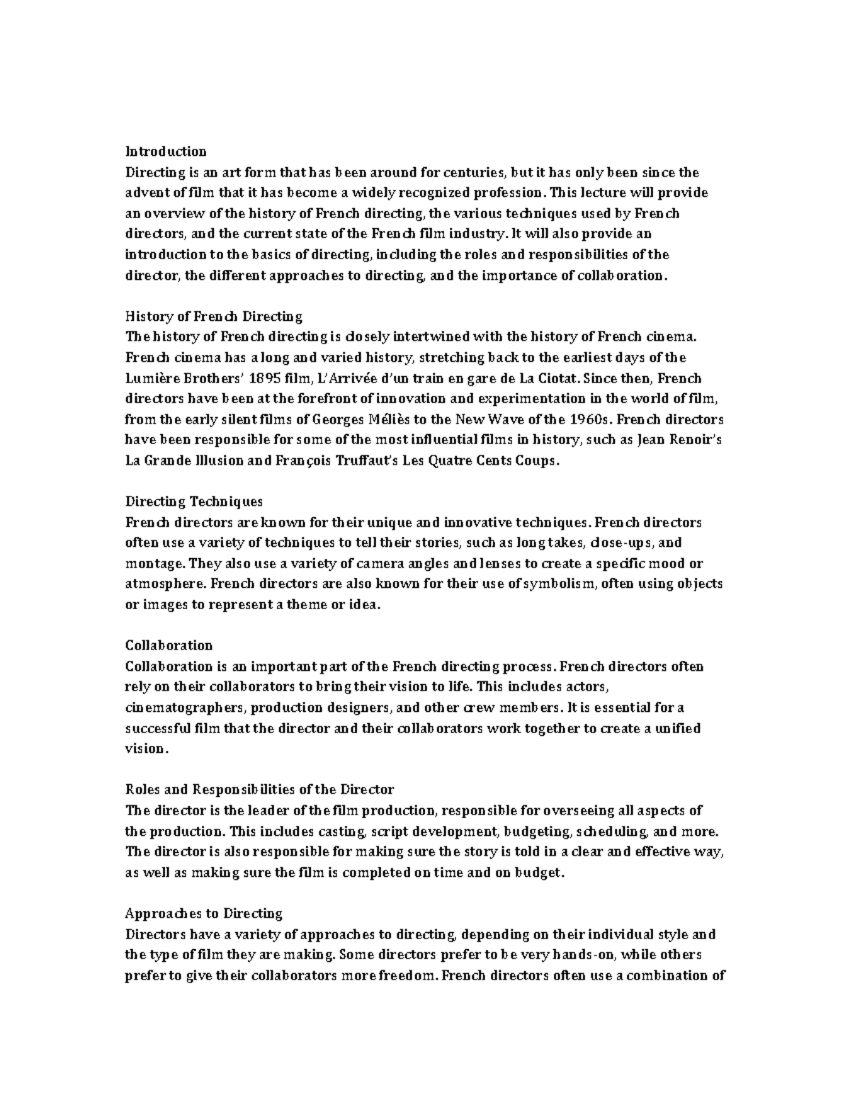 Directing notes - Introduction Directing is an art form that has been ...