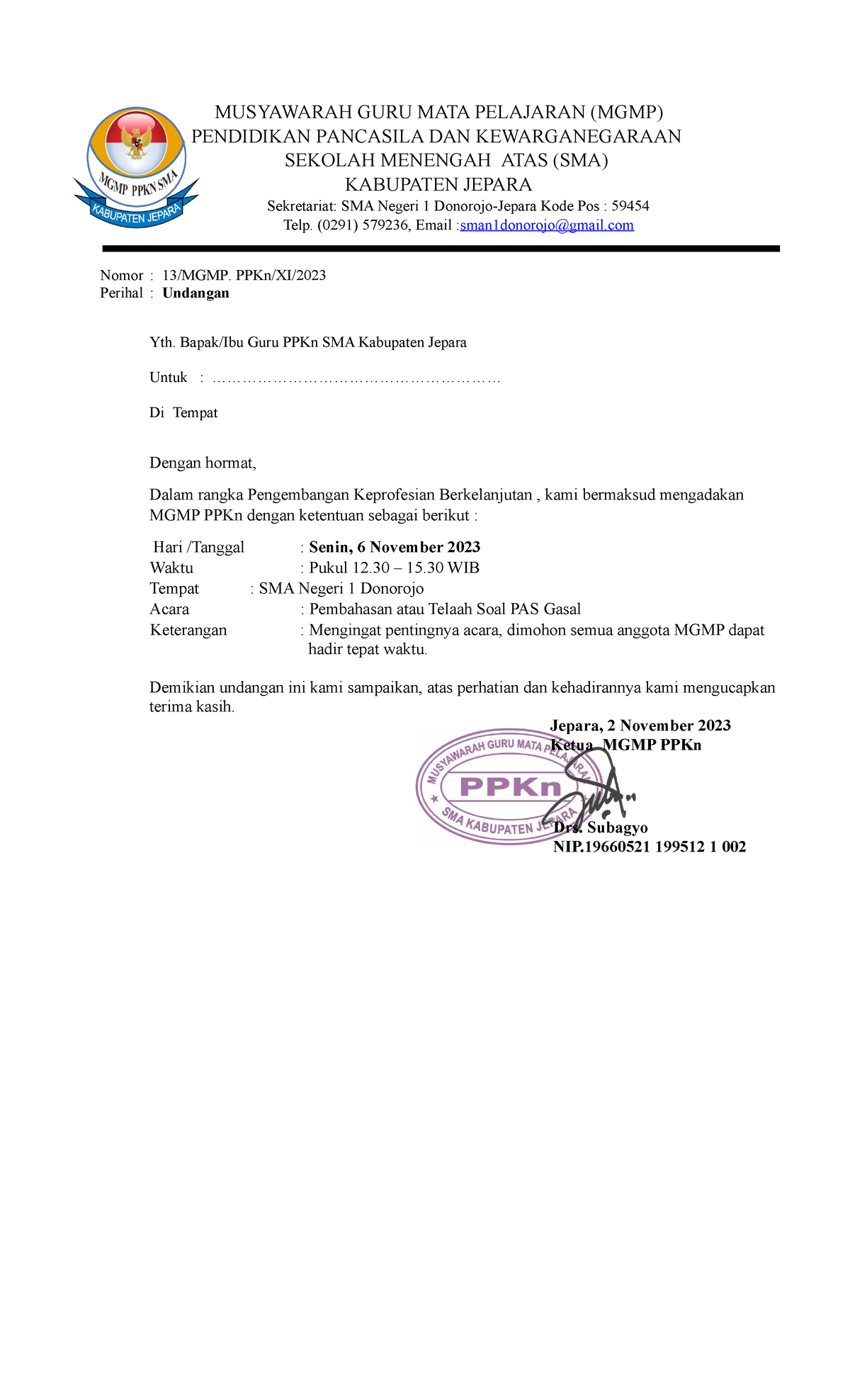 Undangan MGMP 6 November 2023 - MUSYAWARAH GURU MATA PELAJARAN (MGMP ...