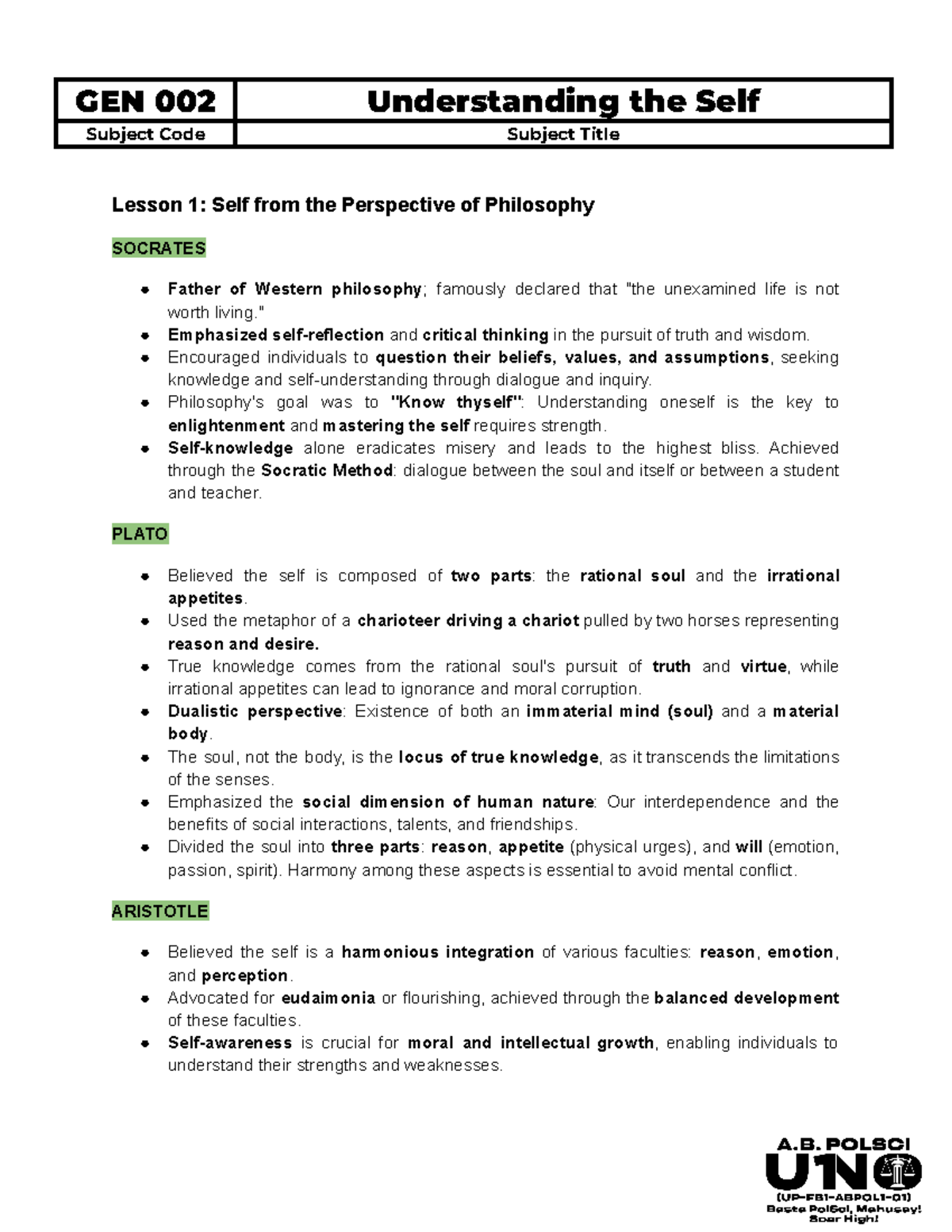 GEN 002 - Lol - GEN 002 Understanding the Self Subject Code Subject Title Lesson 1: Self from ...