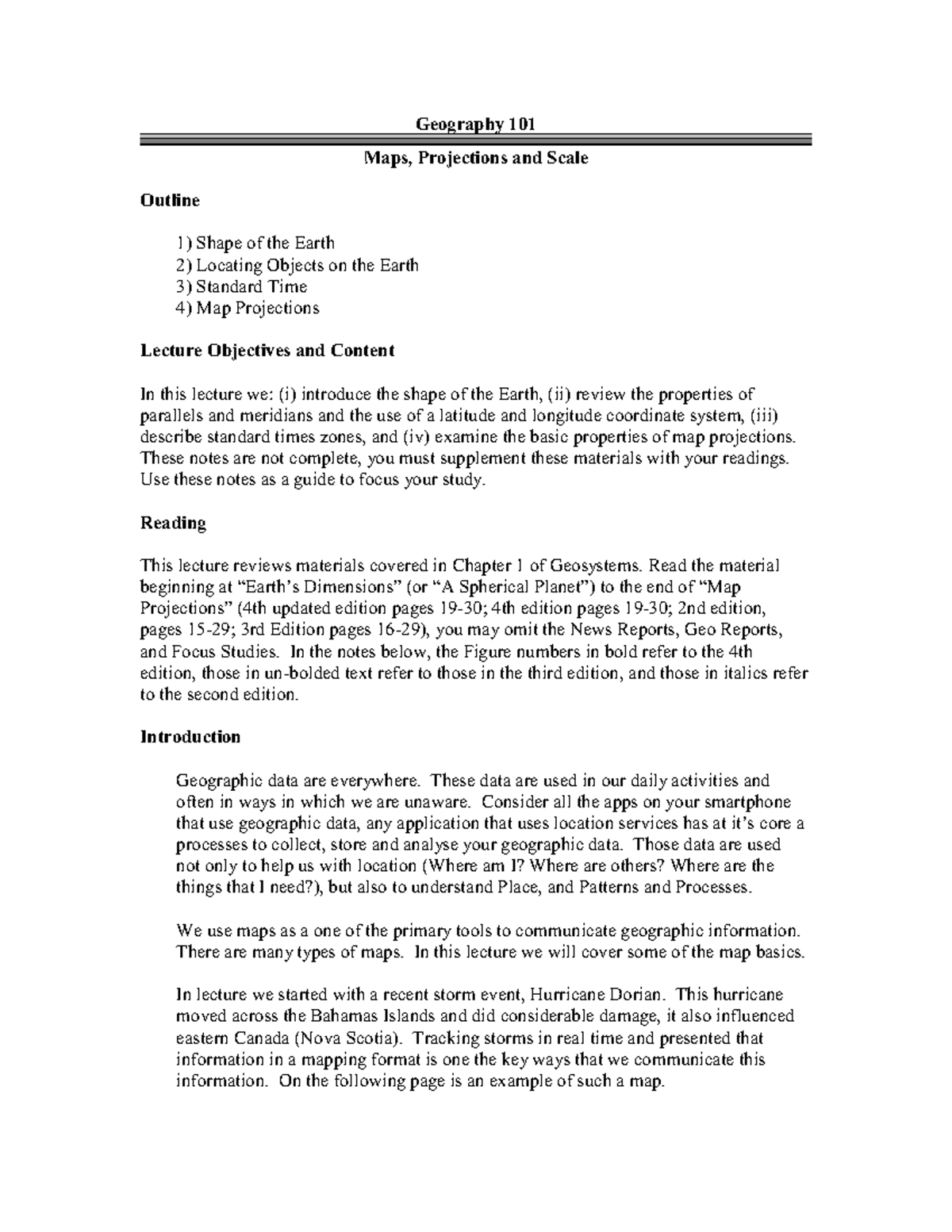 Gg101 lect2 - notes - Geography 101 Maps, Projections and Scale Outline ...
