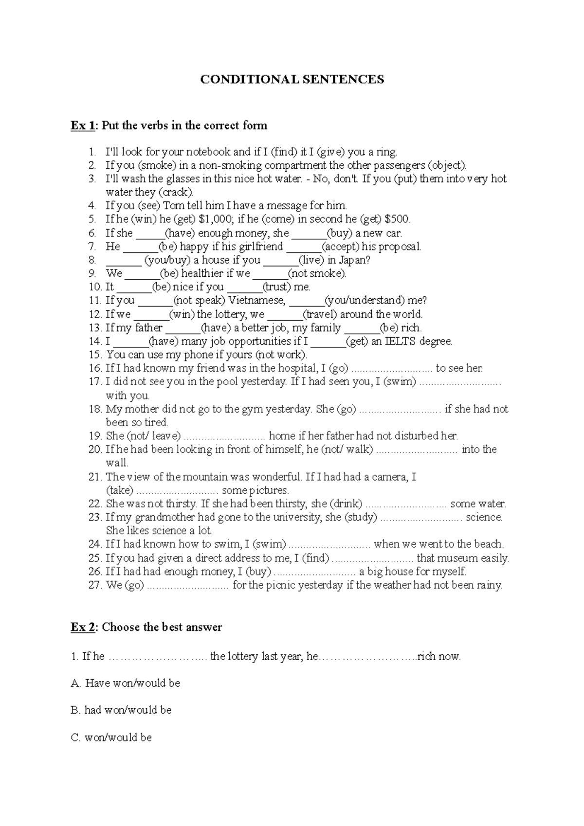 Câu ĐIỀU KIỆN - Exercise to practice English skills - CONDITIONAL ...