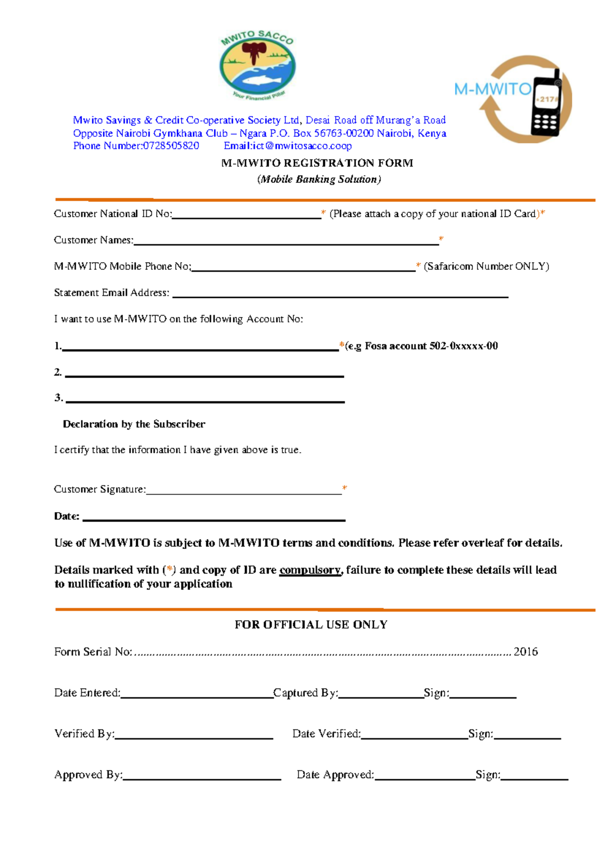 M mwito registration form - Mwito Savings & Credit Co-operative Society ...