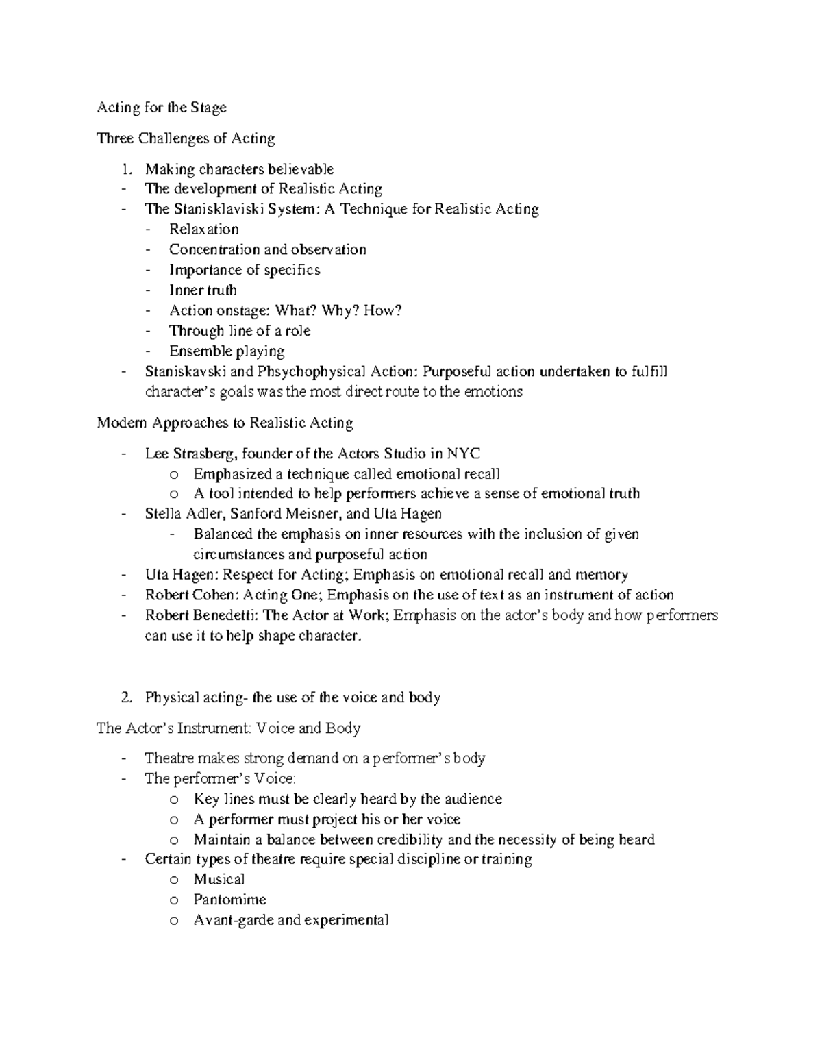 Acting for the stage - class notes - Acting for the Stage Three ...