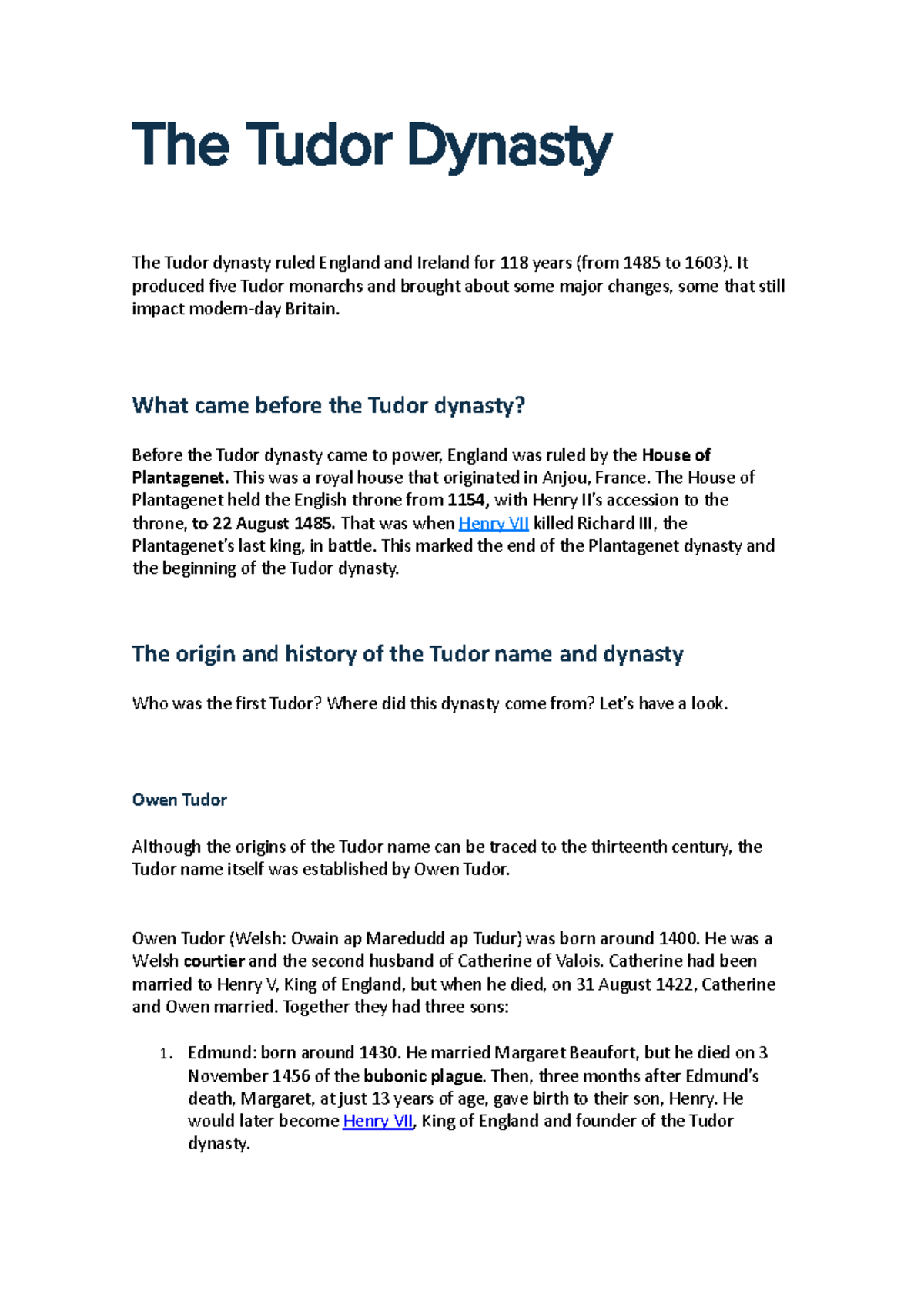 Tudors - Resumos - The Tudor Dynasty The Tudor dynasty ruled England ...