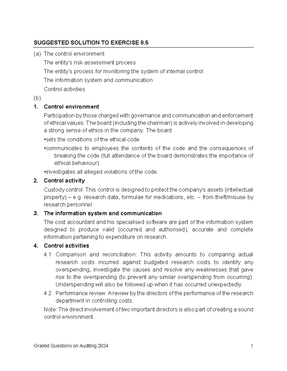 Question 8.5 Solution - Auditing - Graded Questions on Auditing 2024 1 ...