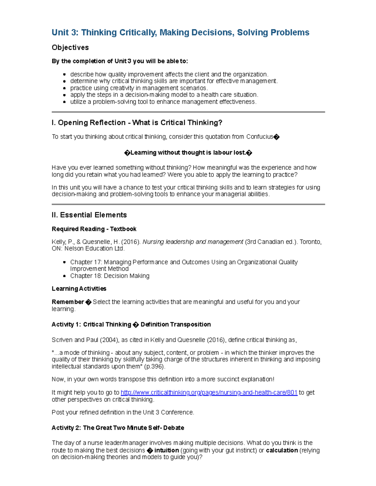 Unit 3 - Thinking Critically, Making Decisions, Solving Problems - Unit 3: Thinking Critically ...