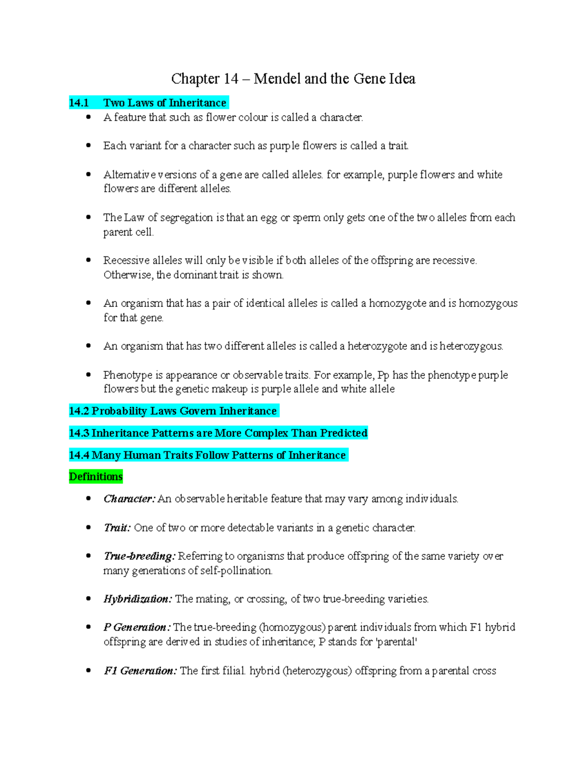 Chapter 14 Bio Notes - Chapter 14 – Mendel and the Gene Idea 14 Two ...