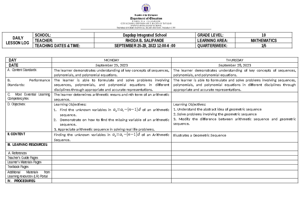 Daily Lesson LOG - DAILY LESSON LOG SCHOOL: Dapdap Integrated School GRADE LEVEL: 10 TEACHER ...