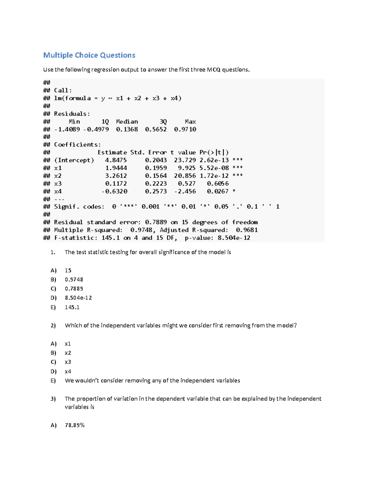 STA2020 regression practice questions - Multiple Choice Questions Use ...