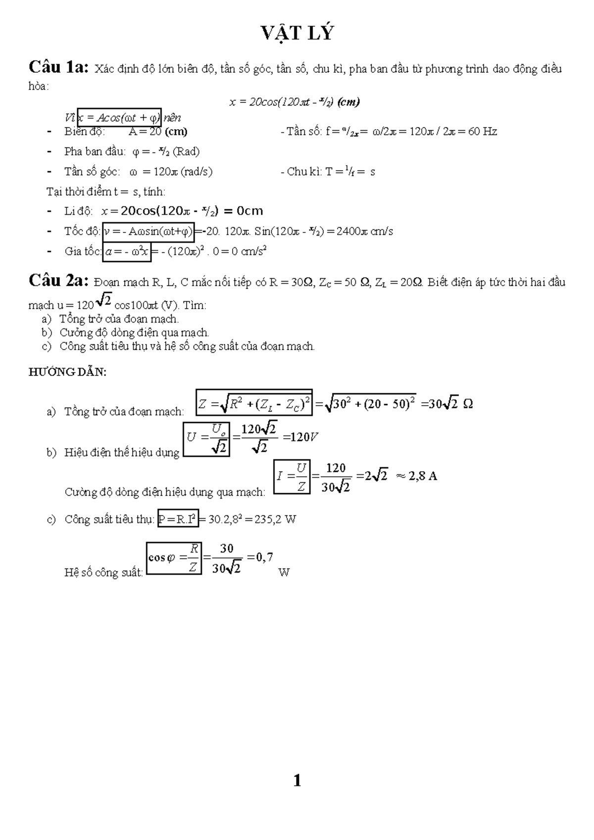 Test Vat Ly - Test Vat Ly - VẬT LÝ Câu 1a: Xác định đô ̣lớn biên đô ...