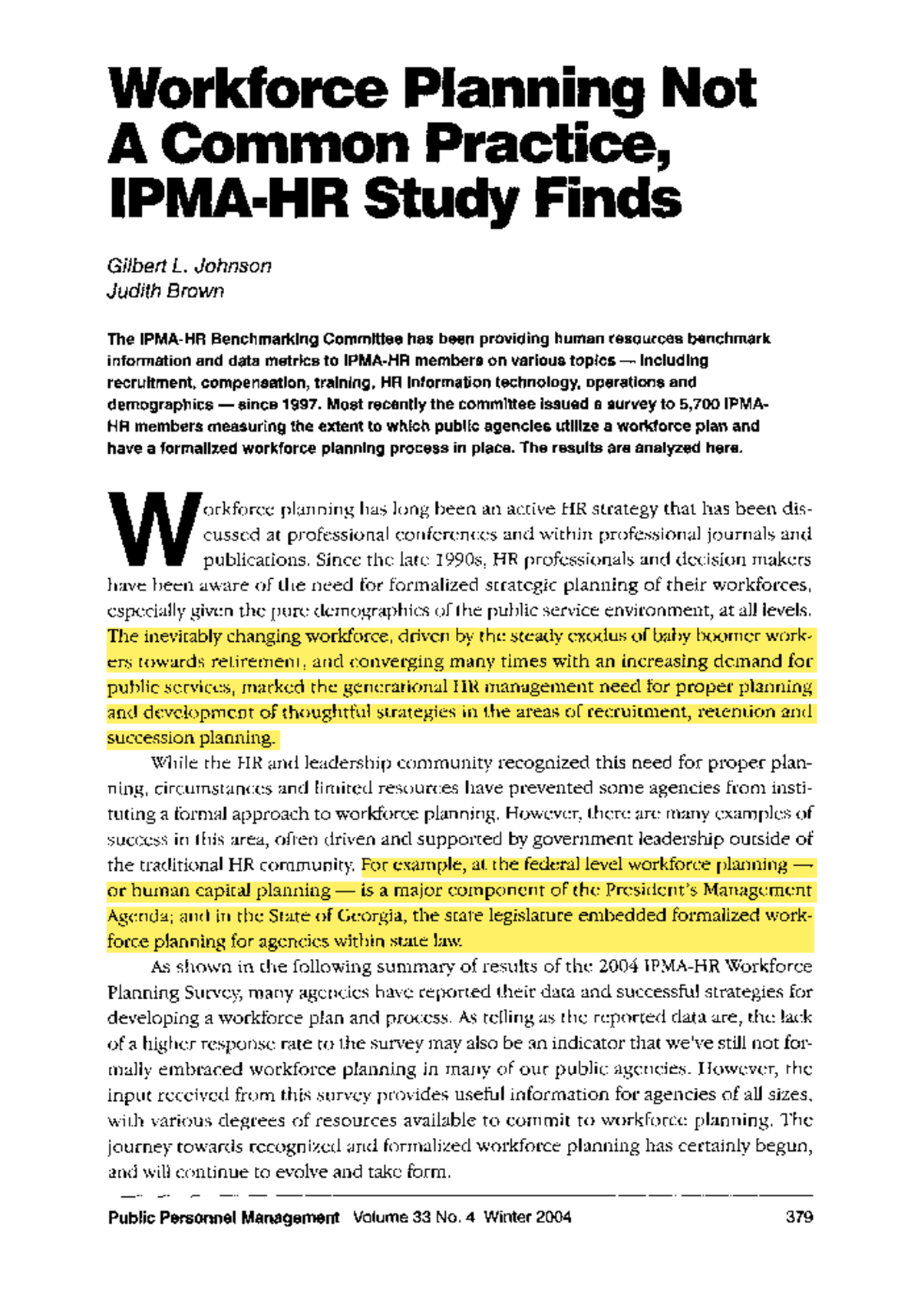 Johnson brown 2004 workforce planning not a common practice ipma hr study finds - Workforce ...